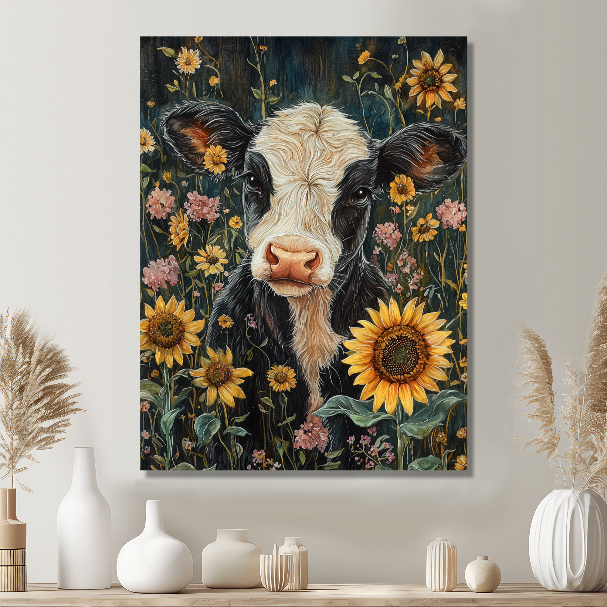 Ivy Bronx Cow Painting With Peonies VIII - Cow Metal Wall Art For ...
