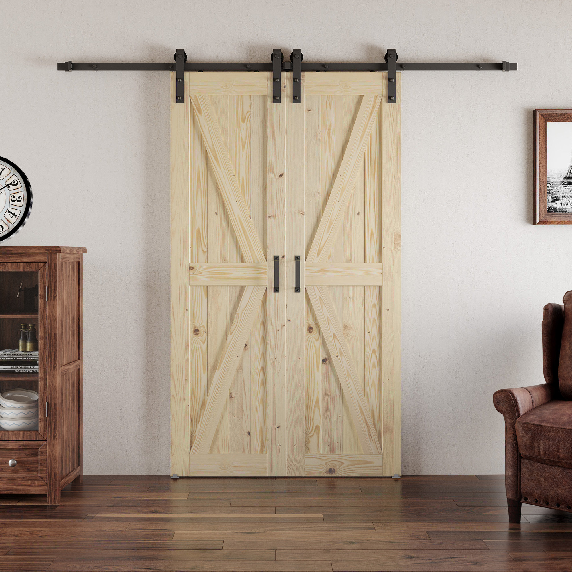 LDB_BUILDING Paneled Solid Wood Unfinished Double Barn Doors with ...