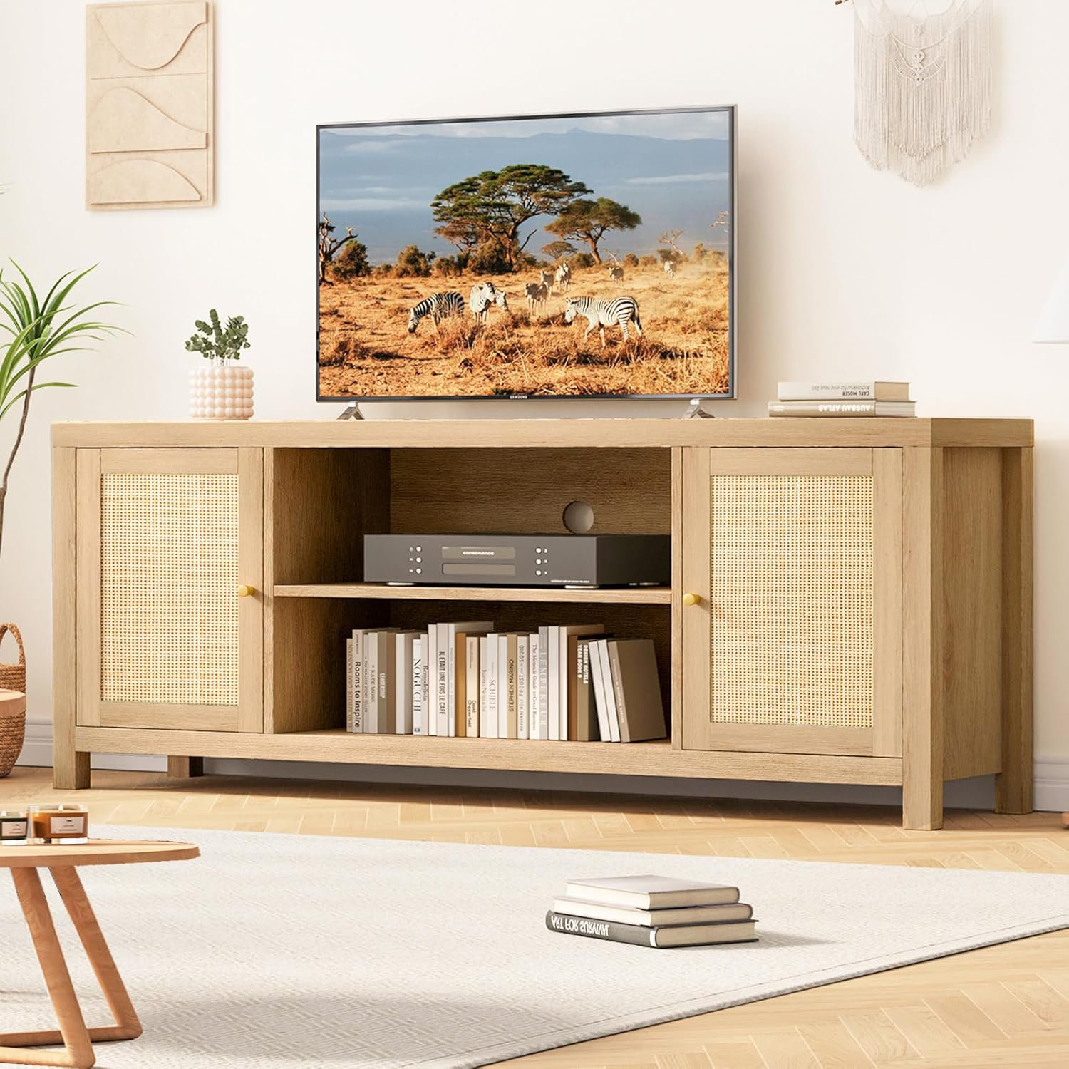 ABILOSS Rattan TV Stand For 65 Inch Boho Entertainment Center With ...