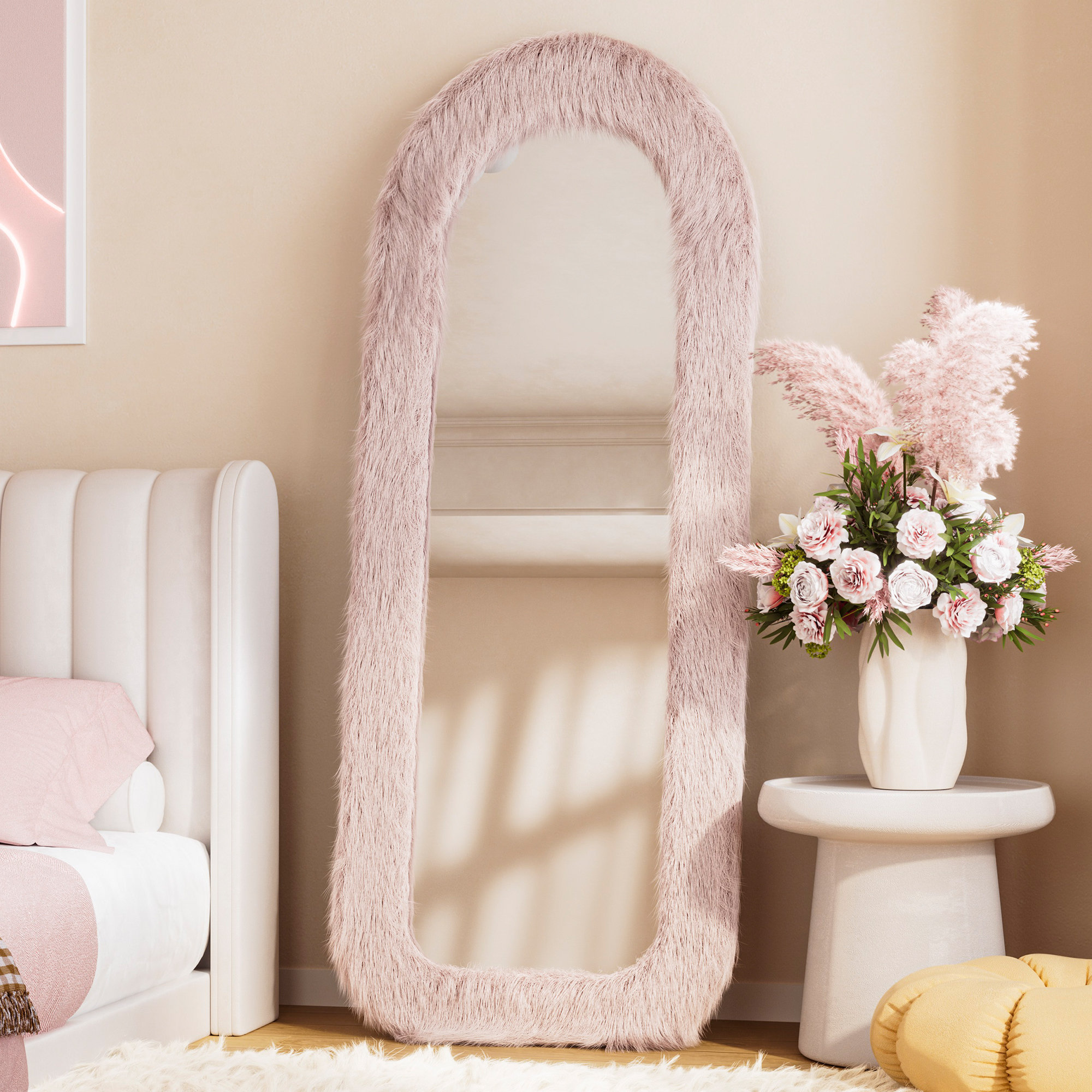 Mercer41 Pink Arch Plush Framed Creamy Bedroom Full Length Mirror ...