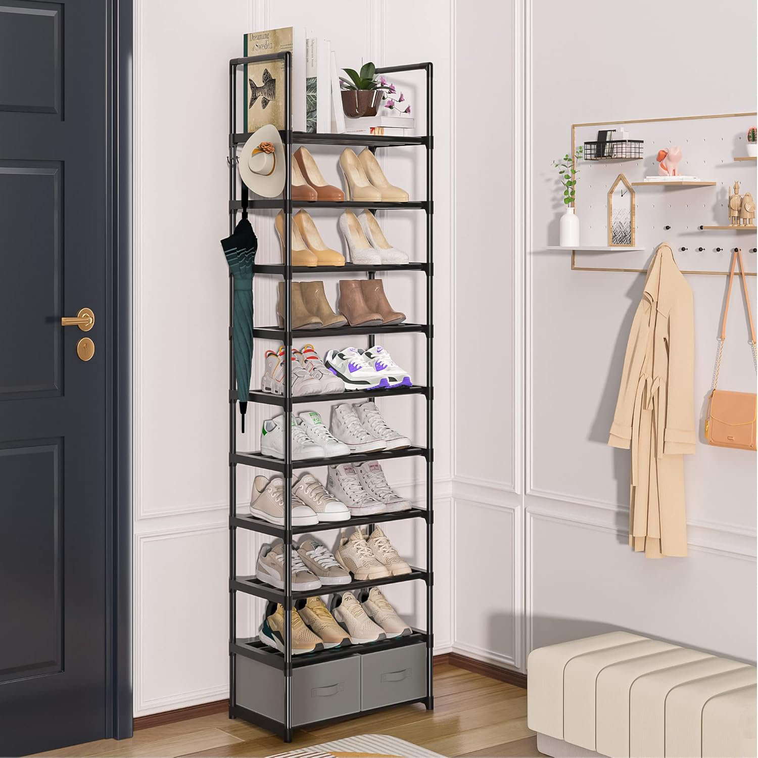 Rebrilliant Tall Shoe Rack Narrow 10 Tier Shoes Rack 20 25 Pairs, With ...