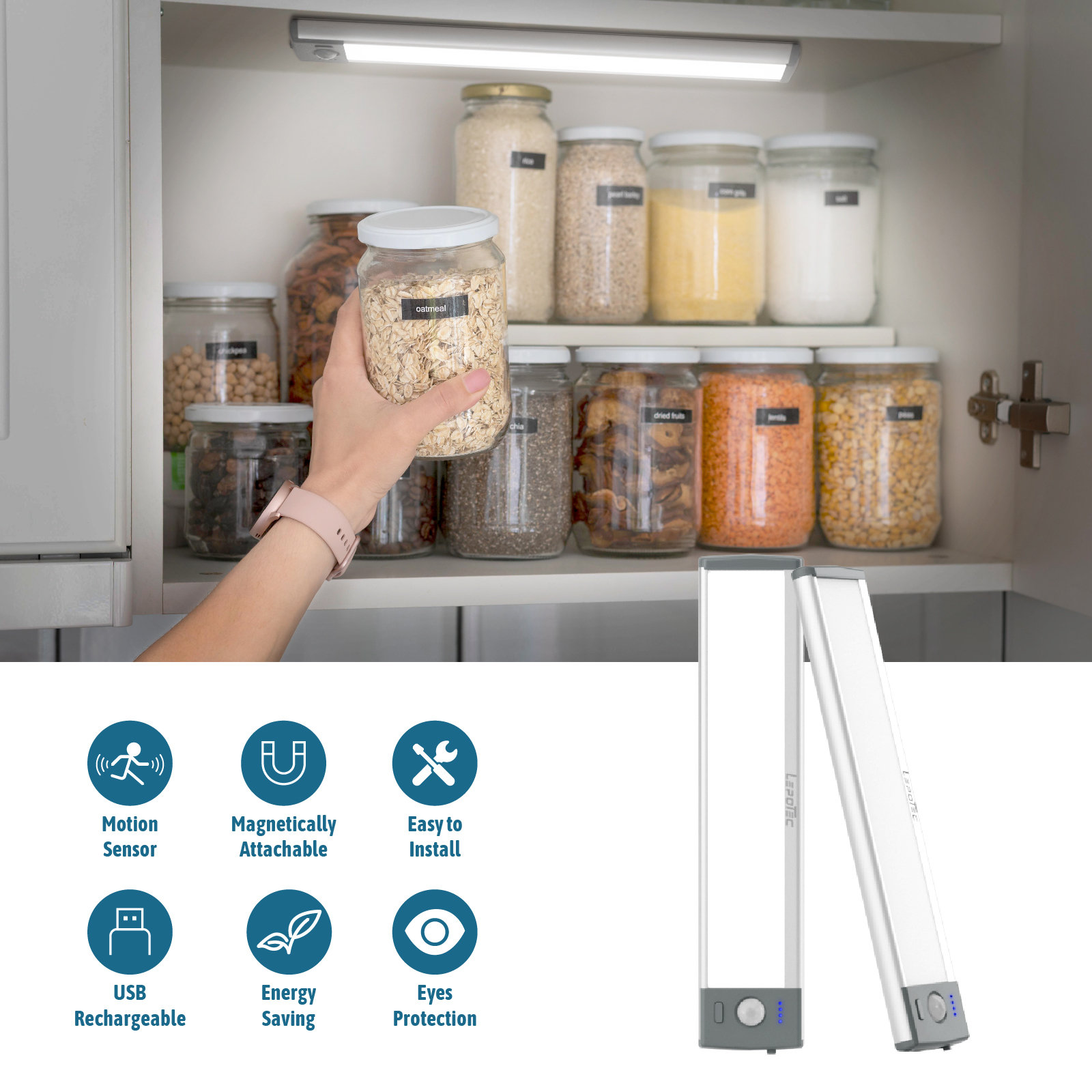 Lepotec 52LED Wireless Under cabinet Lighting, Rechargeable Battery ...