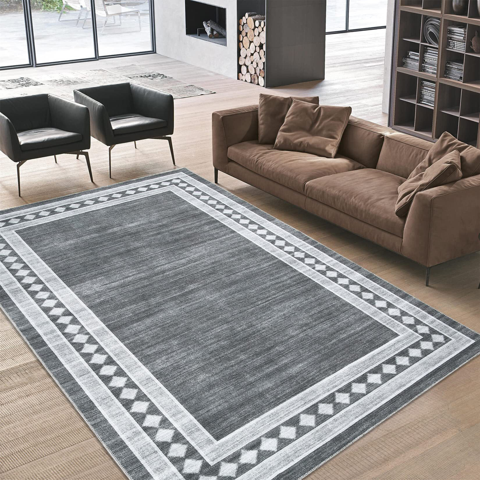 Ebern Designs Washable Rugs Bordered Rugs Modern Geometric Boho Rug ...