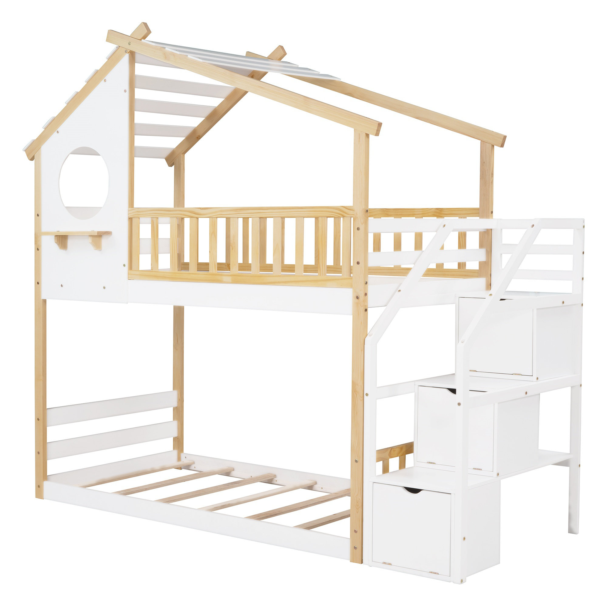 One Allium Way® Twin Over Twin House Bunk Bed with Storage Staircase ...
