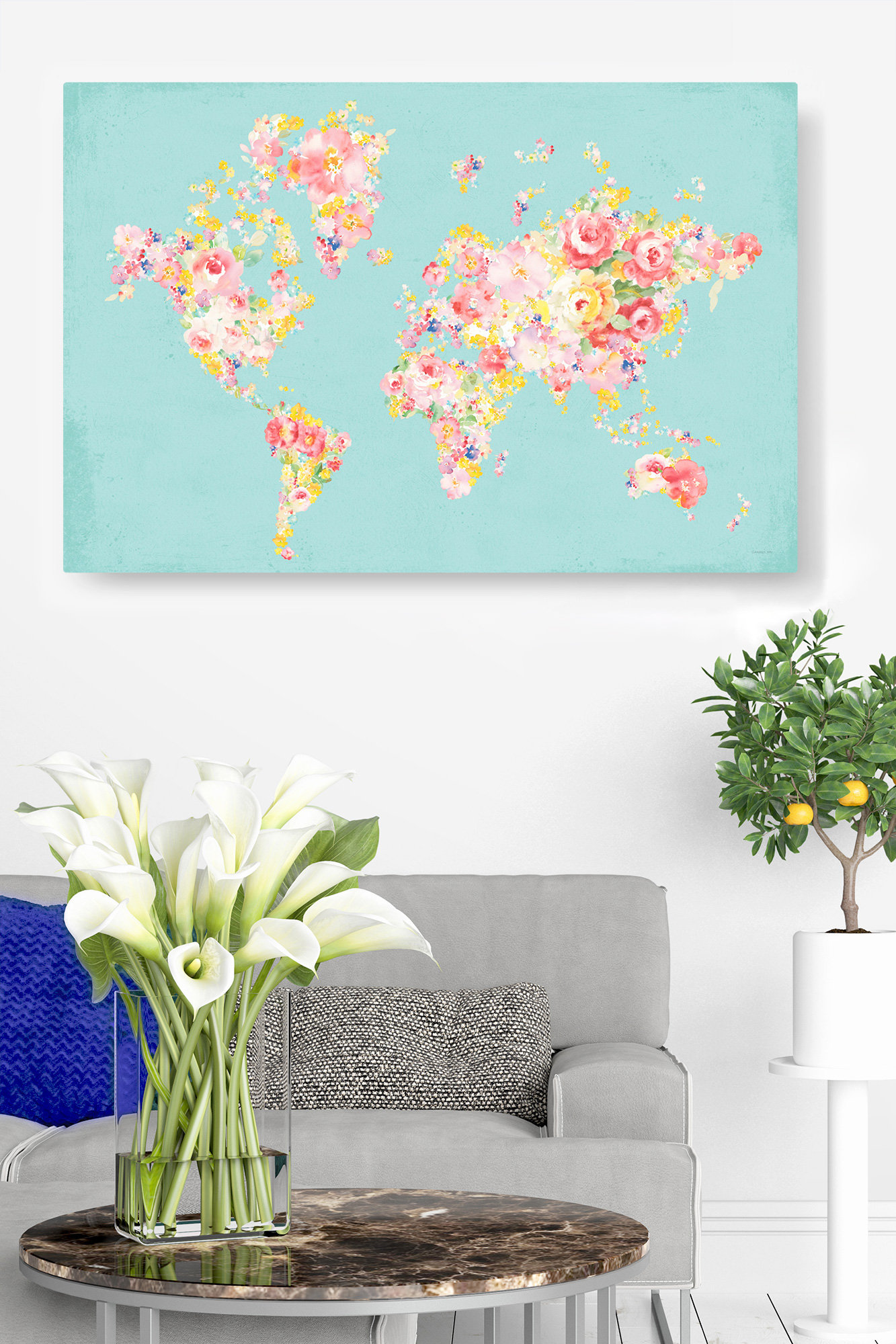 Canora Grey C-00153-World map Turquiose, Continents In Flowers, Pink ...