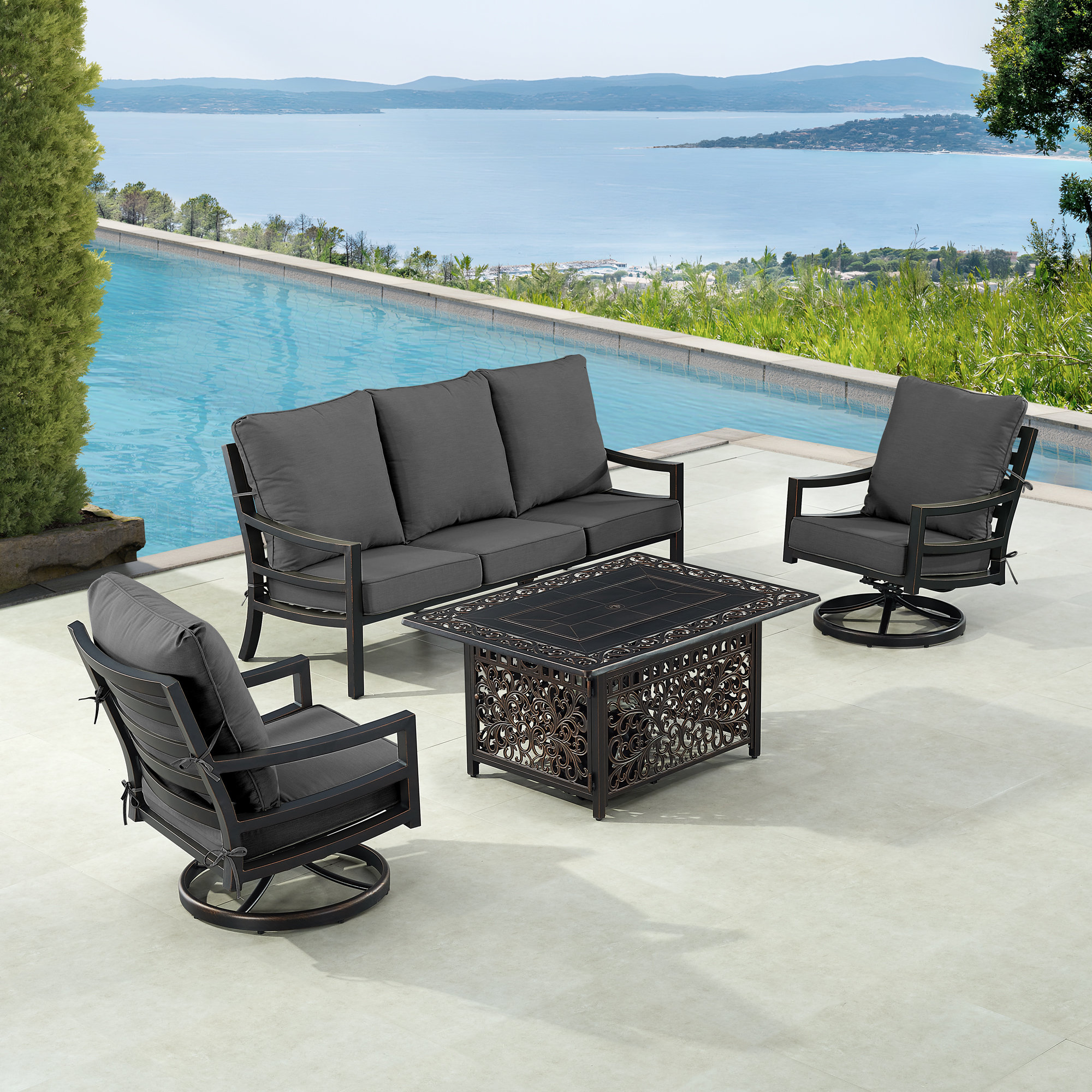 Oakland Living Black Aluminum Fire Table Set with Sofa and Two Club ...