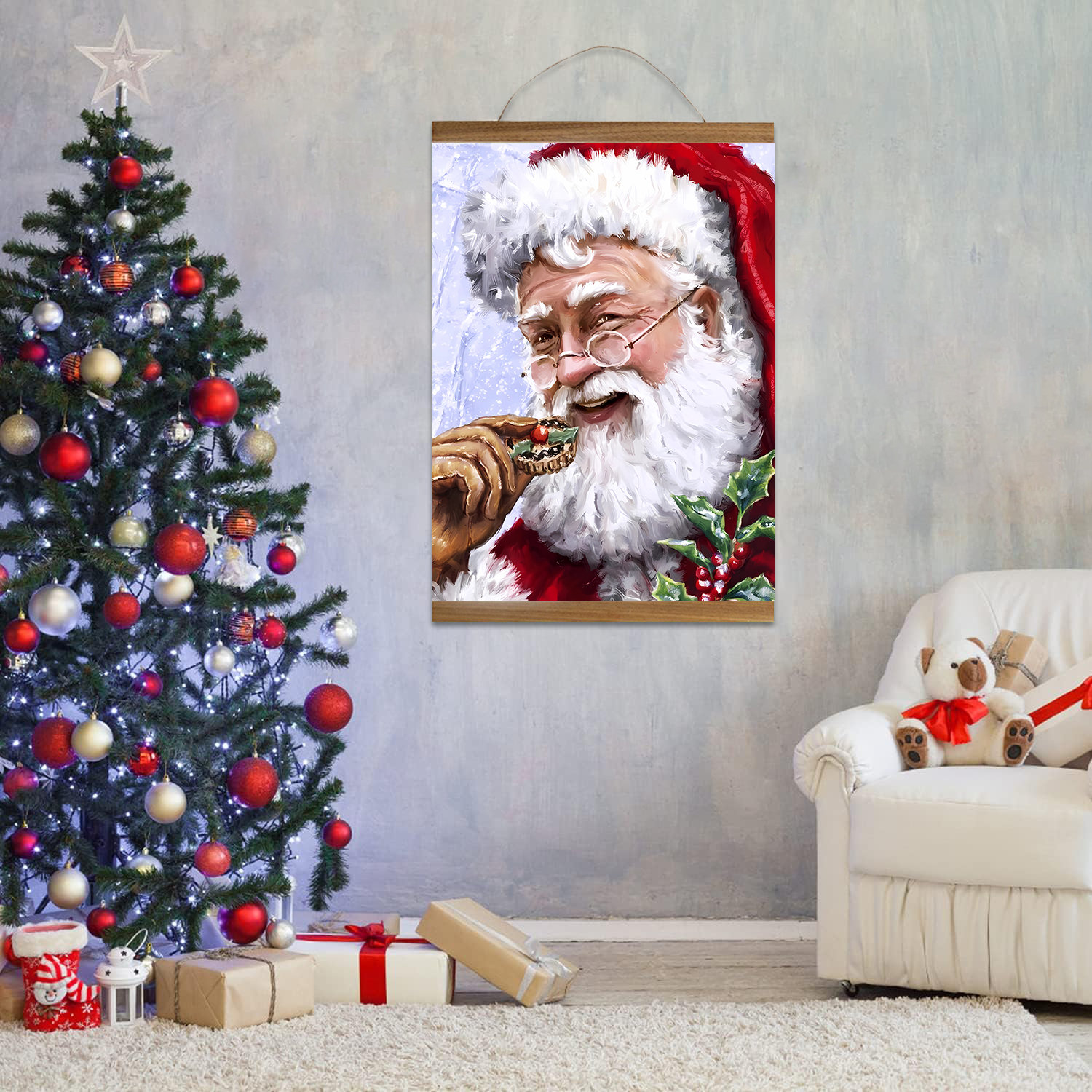 The Holiday Aisle® UNFRAMED Santa Claus Eating Cookie Hanging Canvas ...