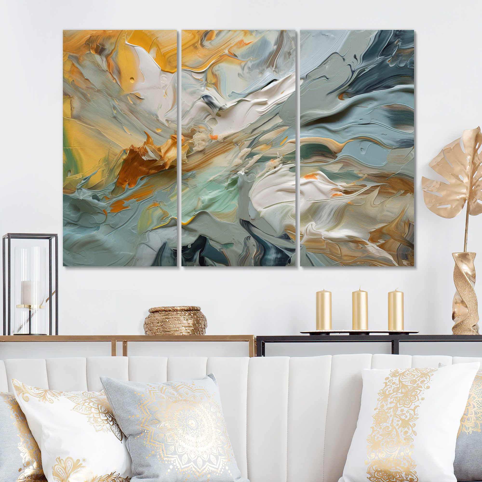 Ivy Bronx Spring Joy Abstract In Light Blue And Gold - Abstract Canvas ...