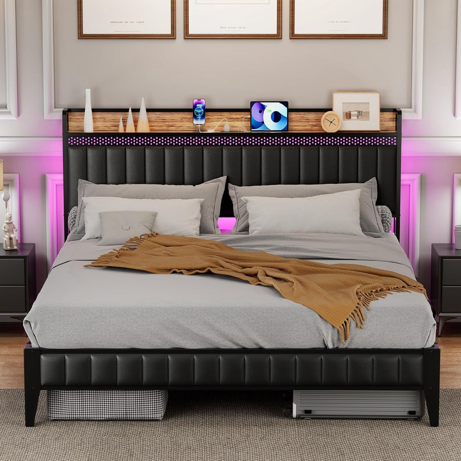 Wrought Studio Bed Frame With LED Light And Charging Station, With ...