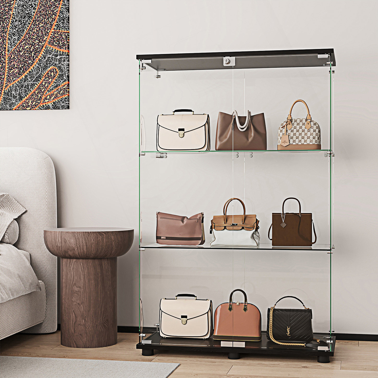 Latitude Run® Glass Display Cabinet With 3-Shelf, Double Doors And Lock, Curio Cabinet, Accent ...