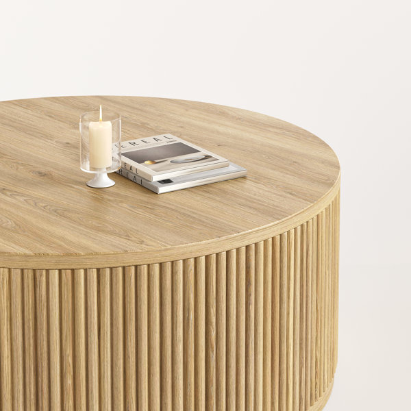 Latitude Run® 36" Round Fluted Coffee Table Solid Wood Drum Table with ...
