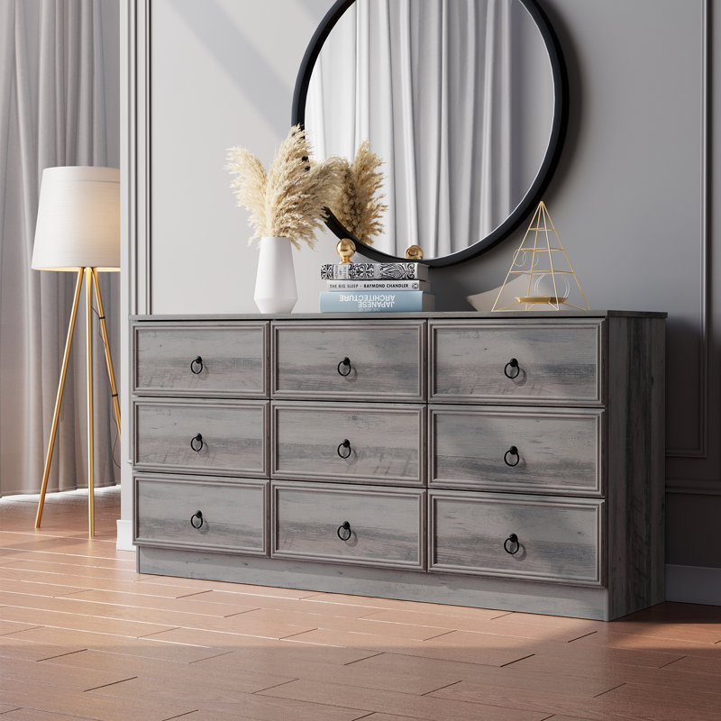 Gracie Oaks Grey Dresser, Dresser for Bedroom with 9 Wood Drawers, 63 ...