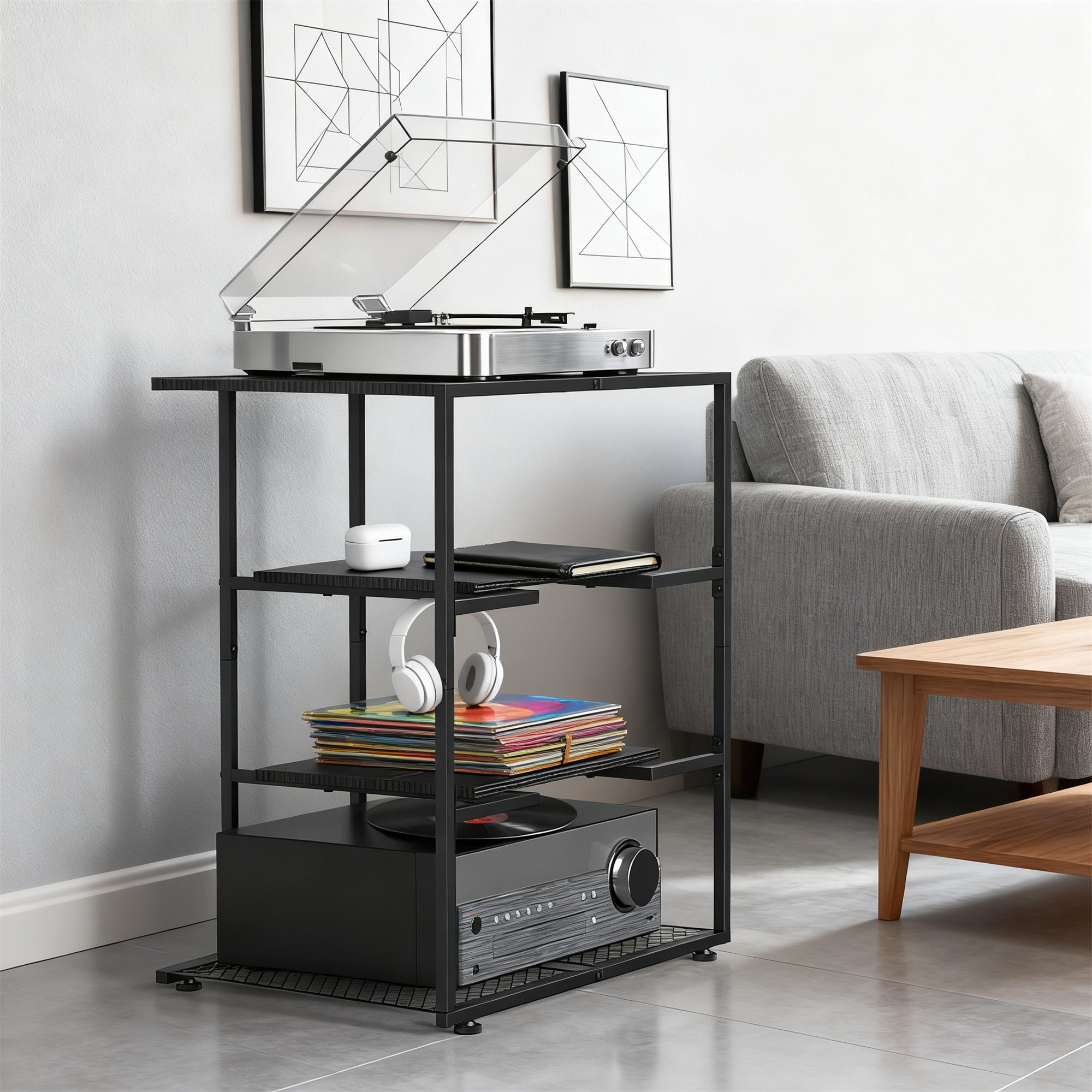 Ebern Designs 4-Tier Wooden Game Console Stand With Adjustable Shelves ...