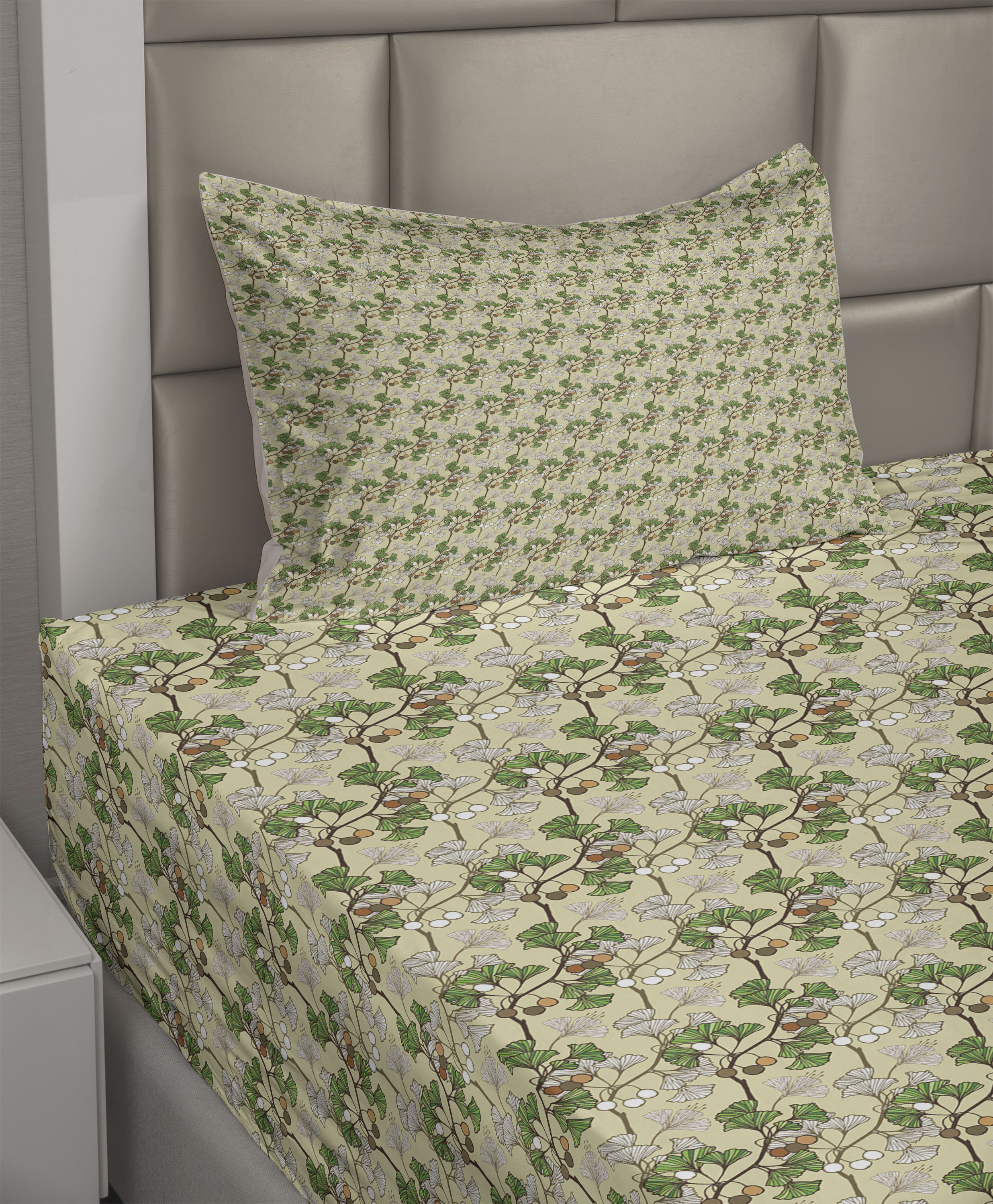 Ambesonne Vintage Sheet Set Repeating Ginkgo Leaves Art Fern Green Fawn ...