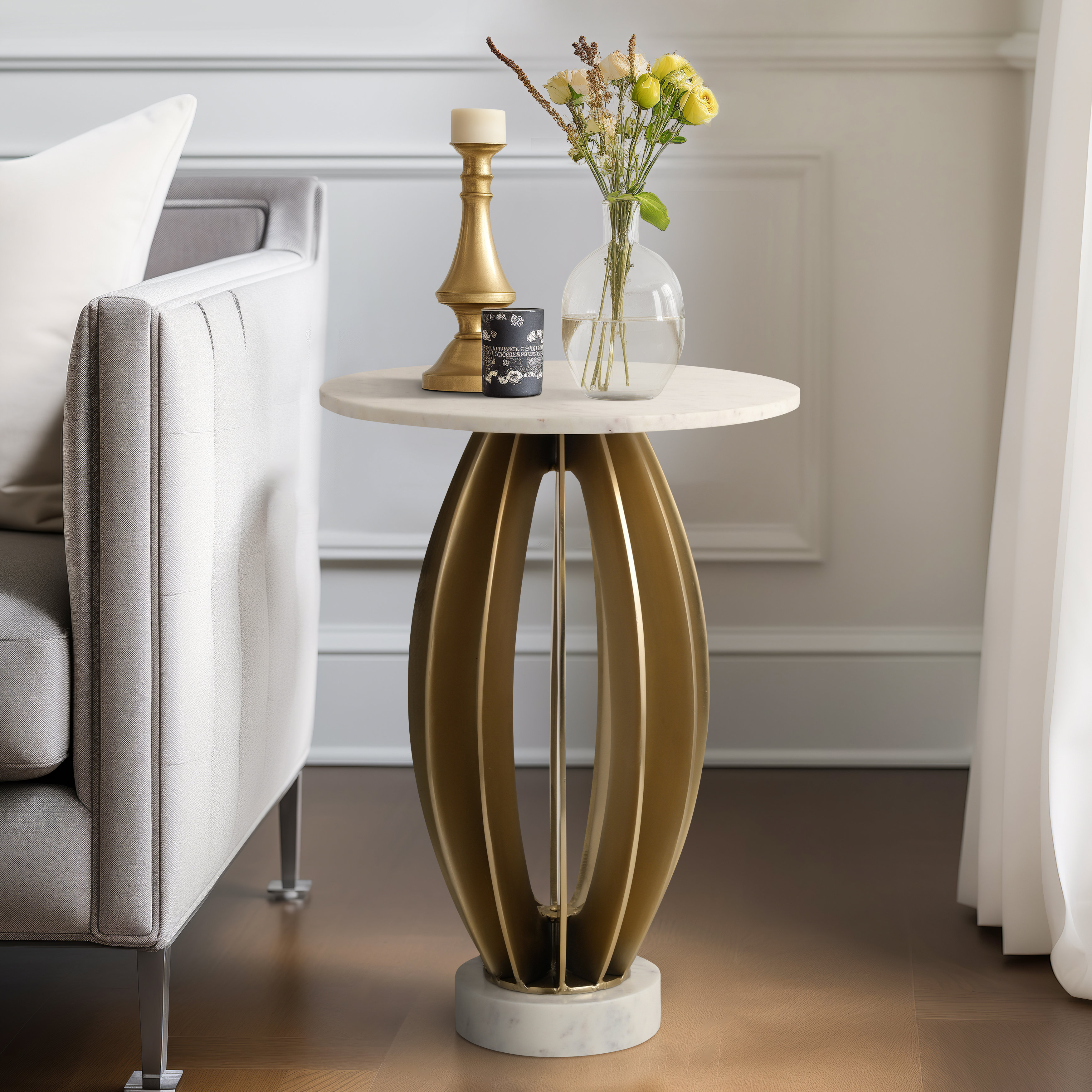 Everly Quinn Iakovo White Marble & Gold Metal Accent Table - 25" Round ...