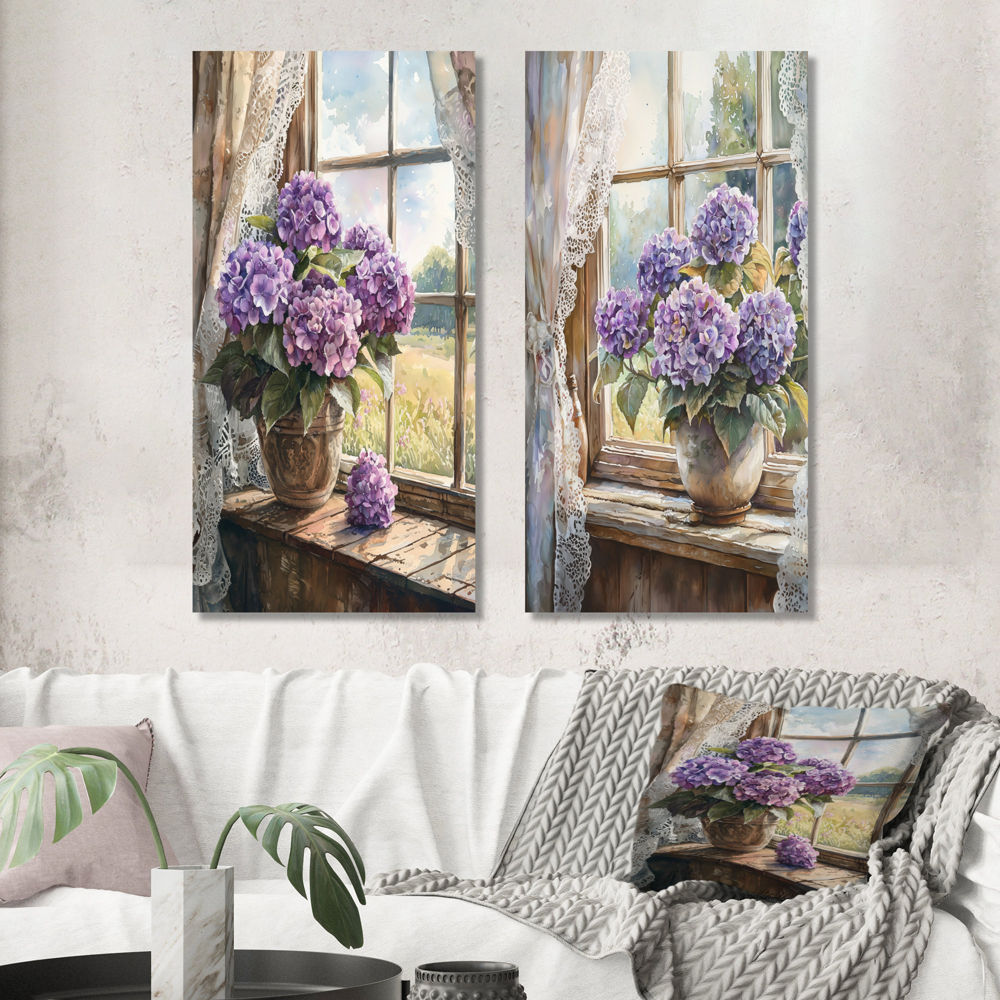 Ophelia & Co. Hydrangeas By The Farmhouse Window I - Floral Canvas Prints 2 Panels | Wayfair