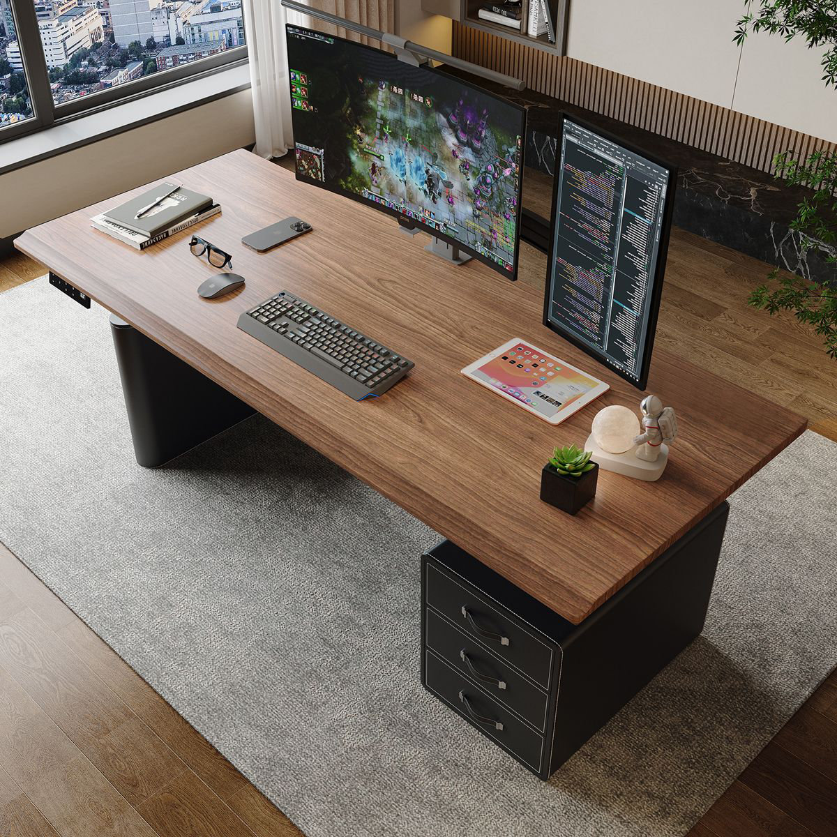 Ebern Designs Walnut Rectangular Manufactured Wood with 3 drawers desk ...