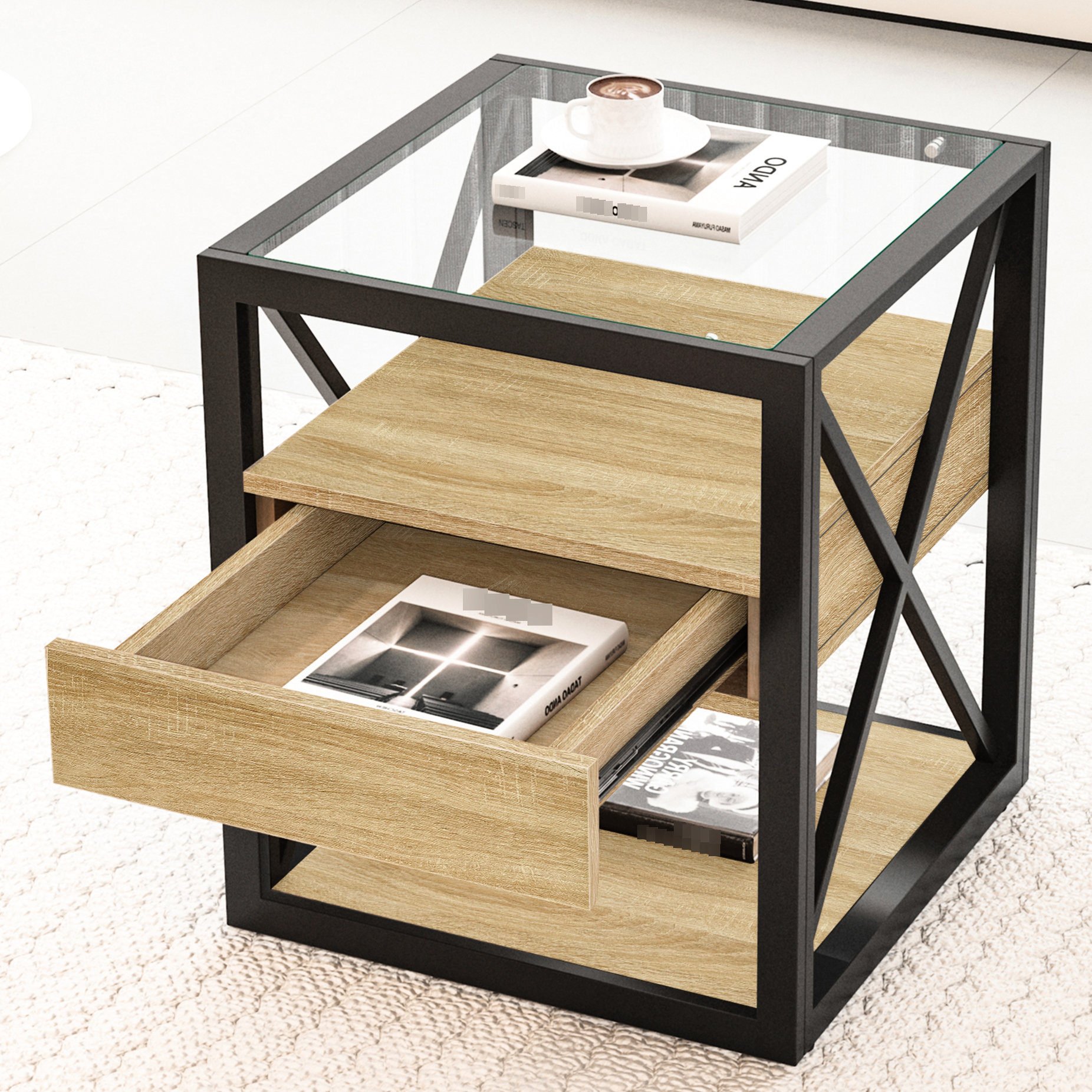 Latitude Run® Modern End Table With Drawer - Rustic Wood Grain Side For ...