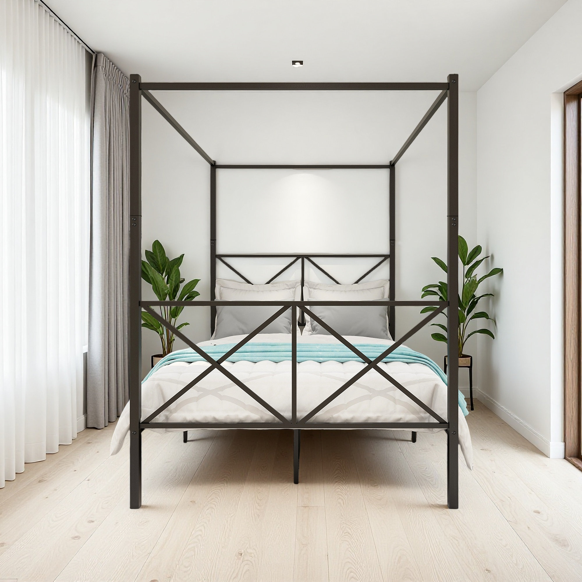 Gracie Oaks Metal Canopy Bed Frame, Platform Bed Frame With X Shaped ...