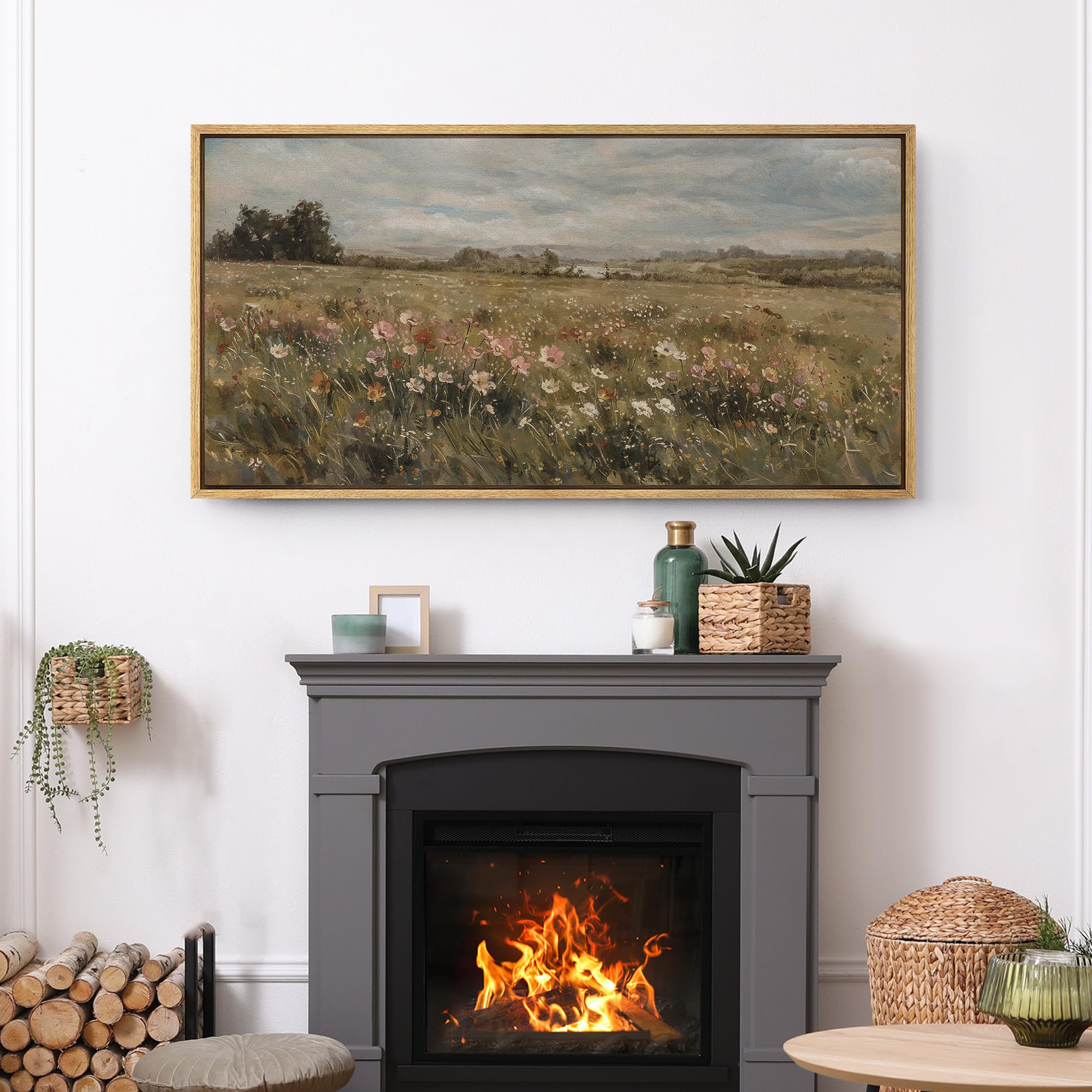 wall26 Countryside Wildflowers Landscape Rustic French Artwork - Extra Large Framed Wall Art ...