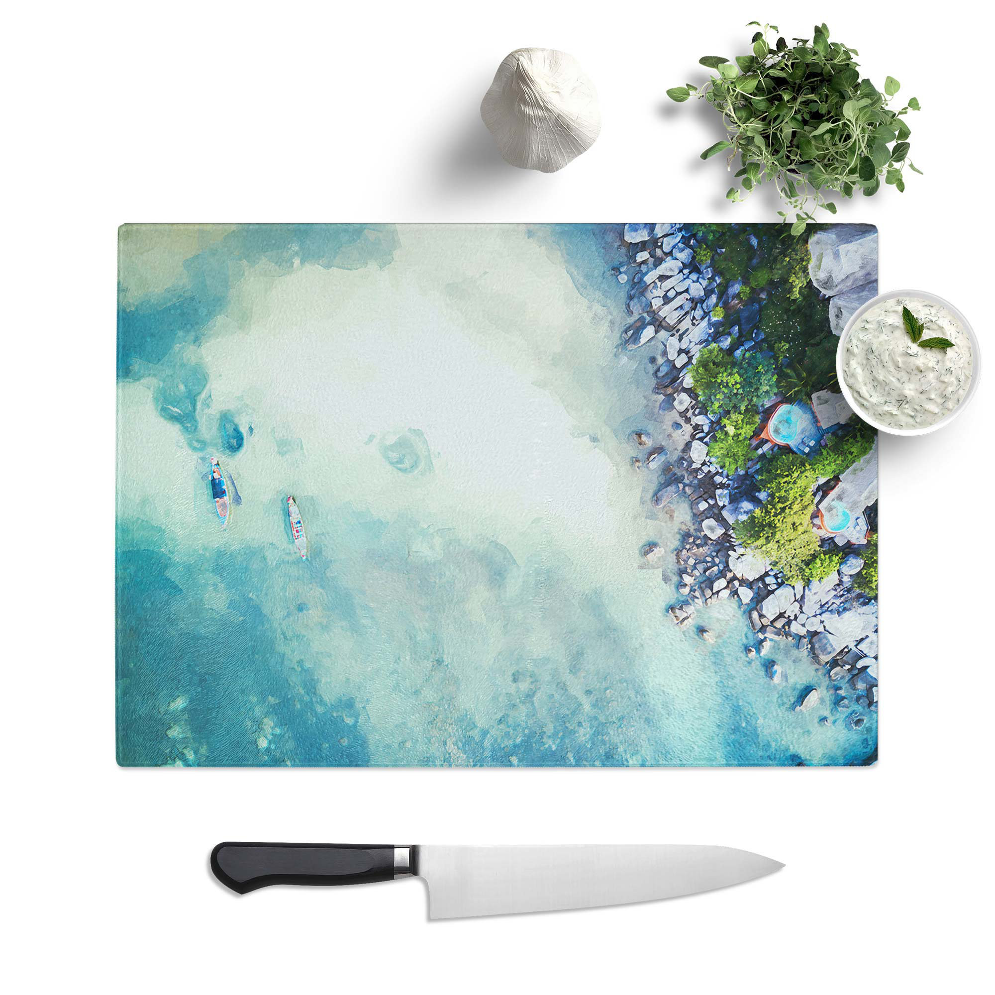 East Urban Home Tempered Glass Birds Eye View of Boats Chopping Board ...