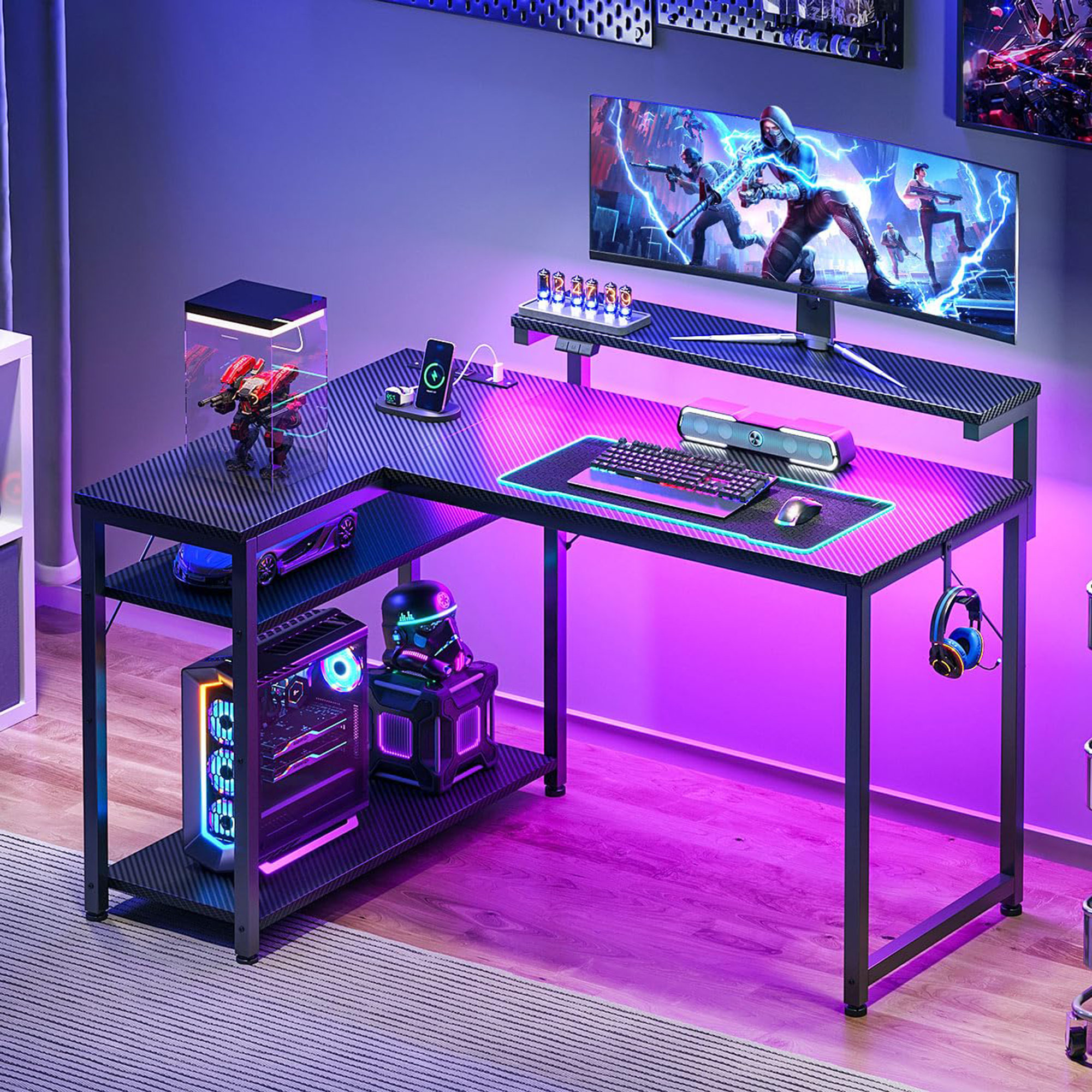 Inbox Zero L Shaped Gaming Desk with Power Outlet, Reversible Computer ...