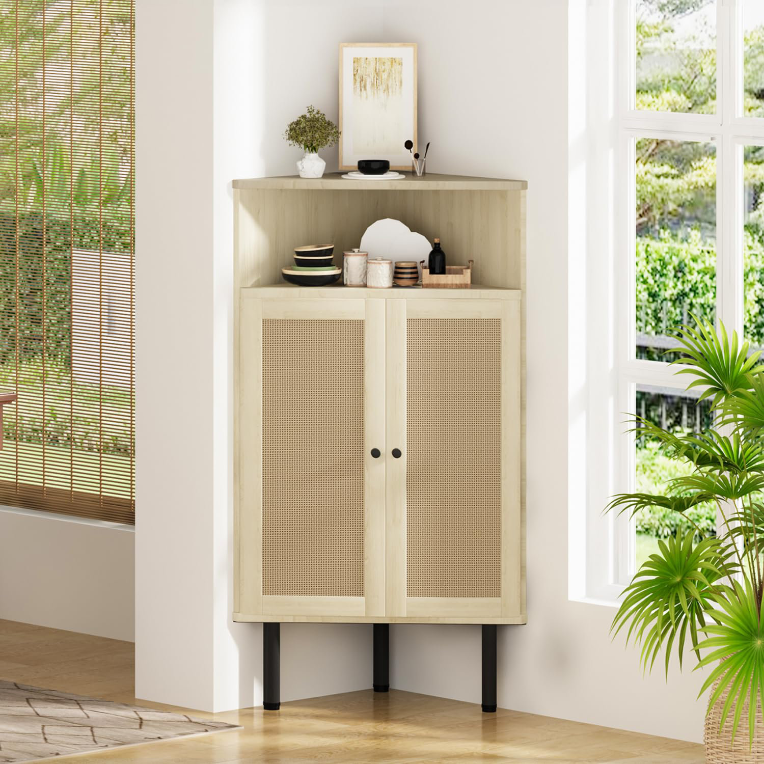 Bay Isle Home™ Armoire de coin en rotin à 4 niveaux avec portes et ...