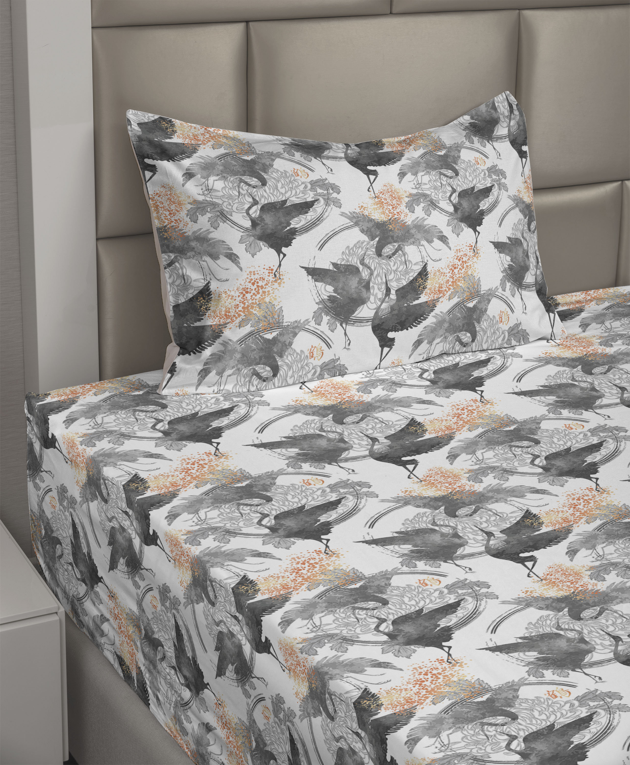Ambesonne Bird Print Sheet Set Dancing Cranes Fly Wings Grey Dark Peach ...