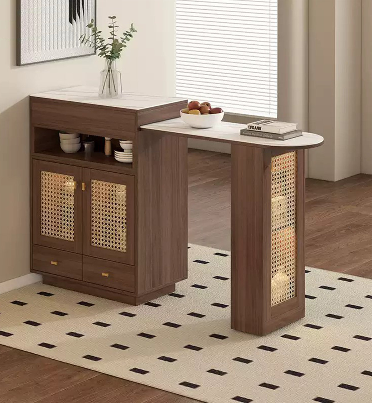 Bayou Breeze Faux Rattan Bar Table with Light and Telescopic Function ...