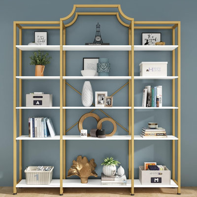 Mercer41 Doraine Triple Wide Gold Bookshelf, 70.87" W x 71.34" H Large ...