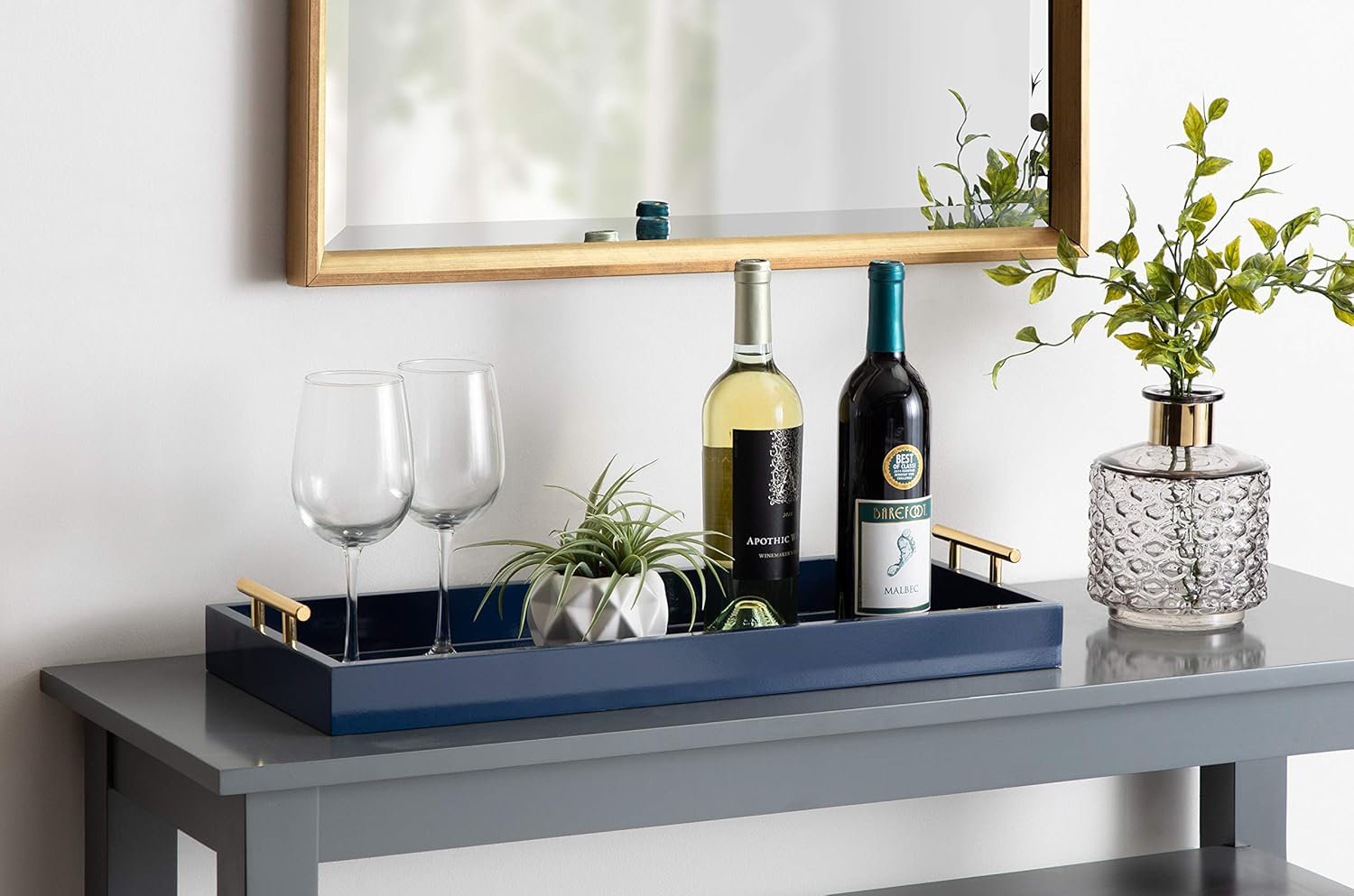 Everly Quinn Narrow Decorative Tray With Polished Metal Handles, 10" X ...