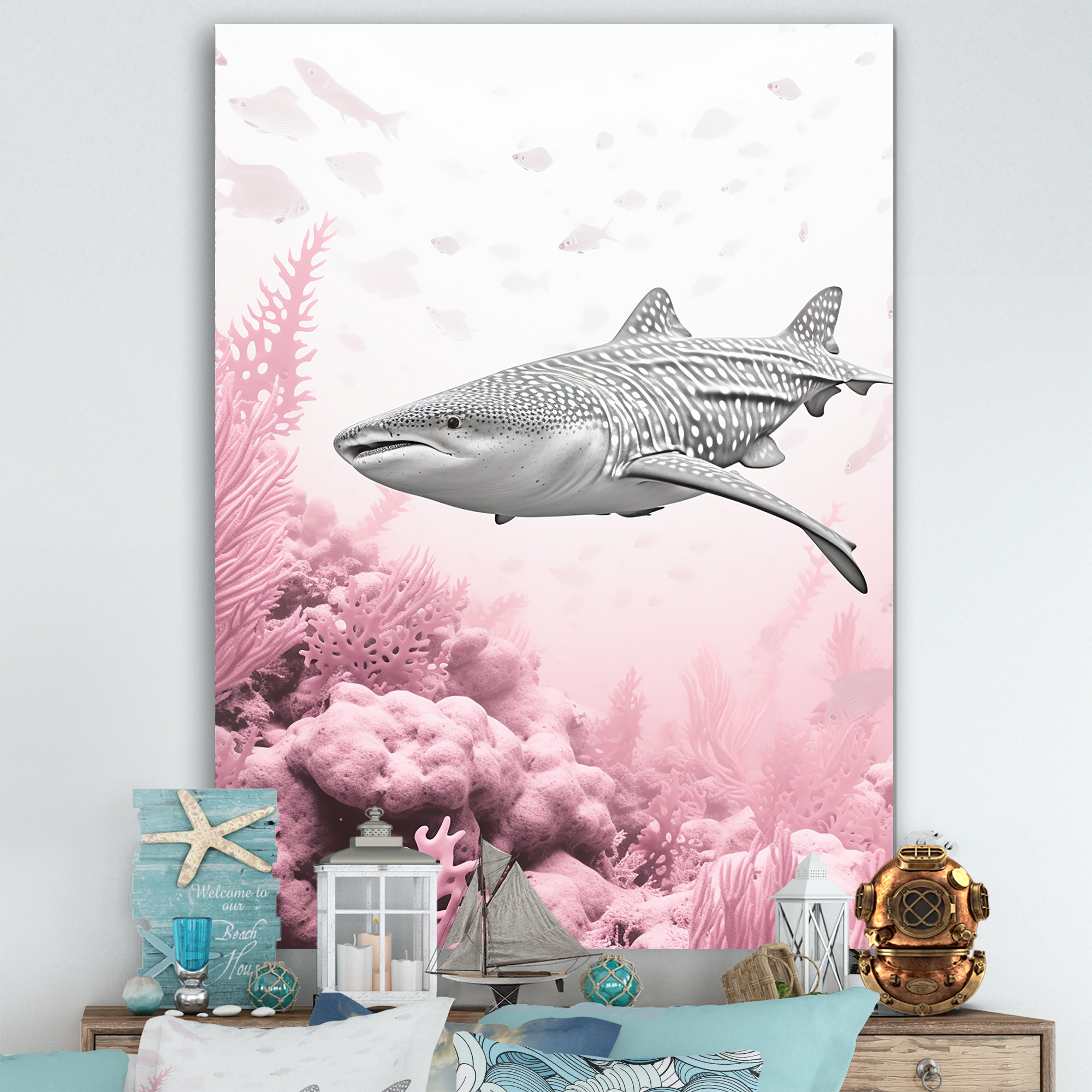 Highland Dunes Pink And Grey Shark Dance - Shark Canvas Art Print ...