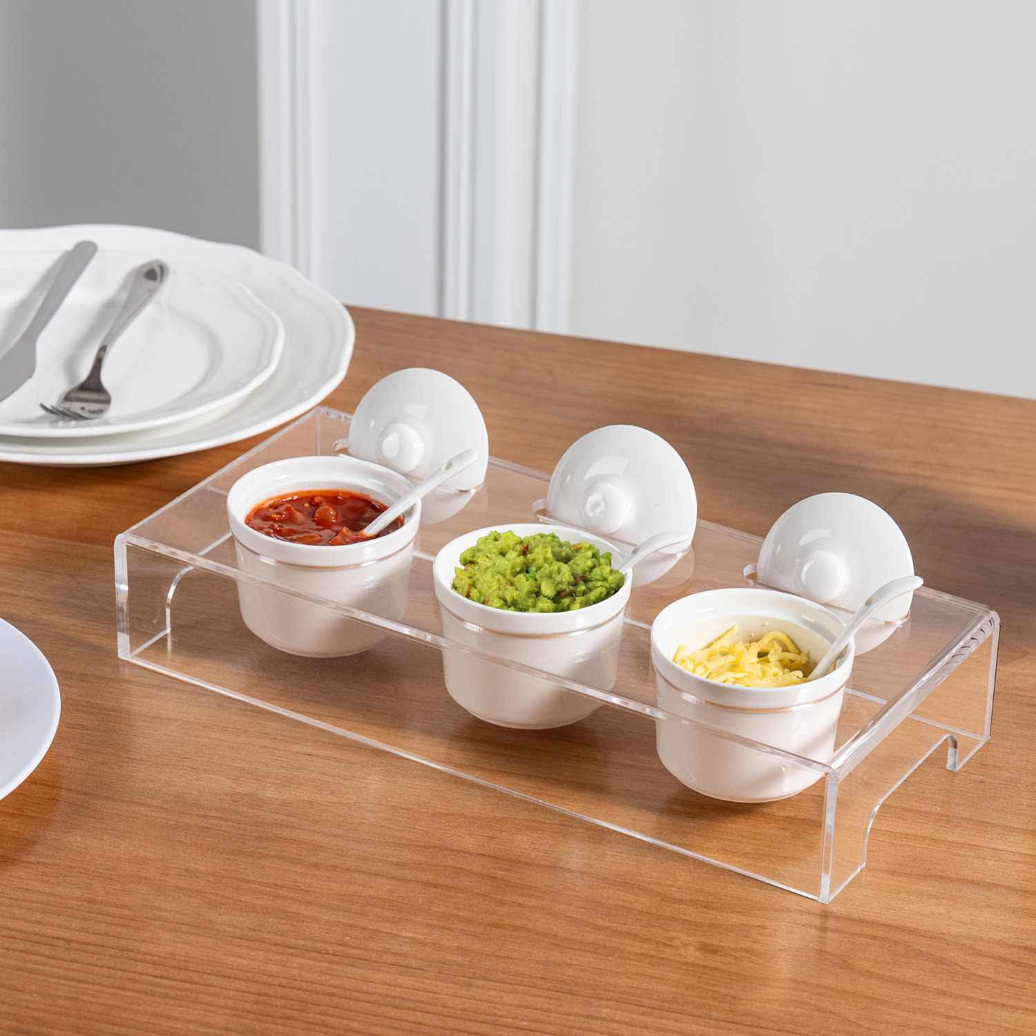 Ebern Designs Mashawn 3-Bowls Ceramic Condiment Server Acrylic Platters ...