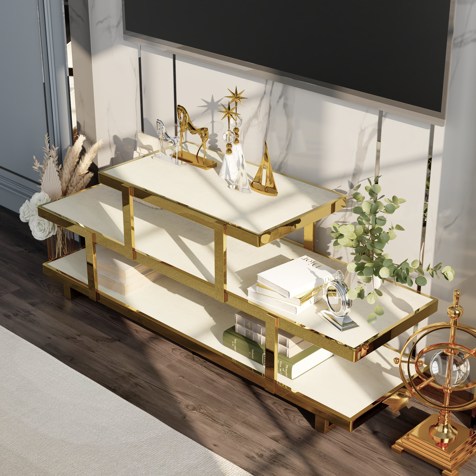 Mercer41 60" Gold TV Stand, Gorgeous 3-Tier Wide Open Shelf ...