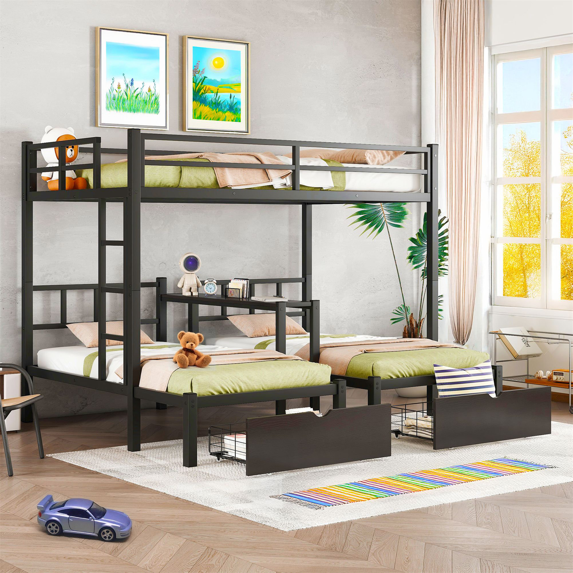 Isabelle & Max™ Full XL over Twin & Twin Triple Bunk Bed with Drawers, Desks and Shelves | Wayfair