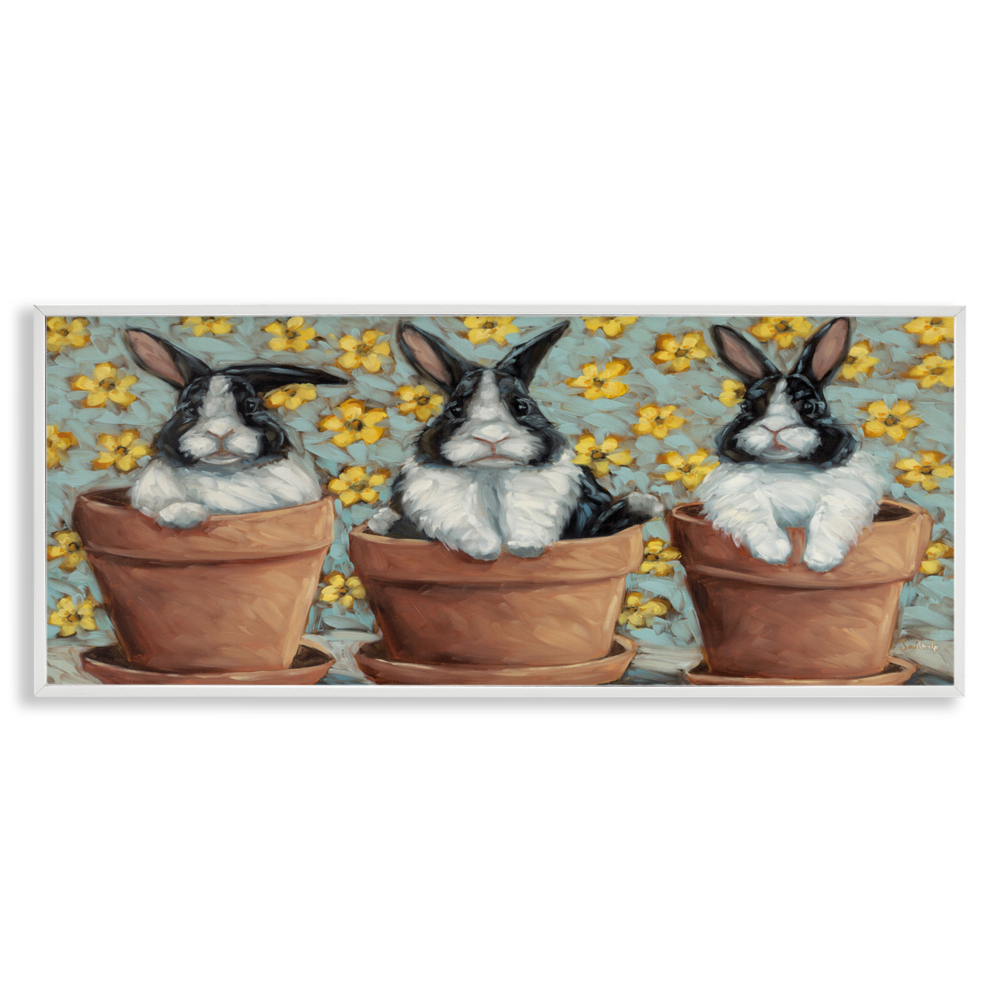 Stupell Industries Three Bunnies in Pots Art by Sara G. Designs | Wayfair