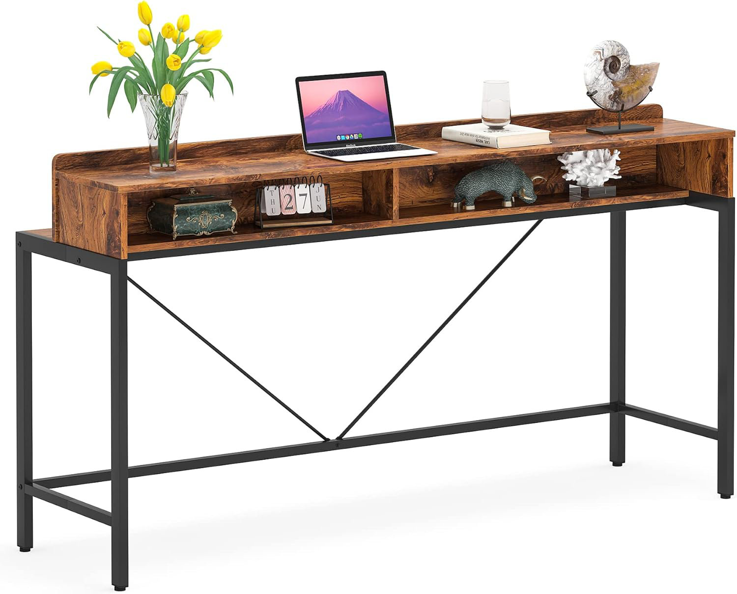 Latitude Run® Rustic Sofa Table With Open Shelves And Storage, Behind ...