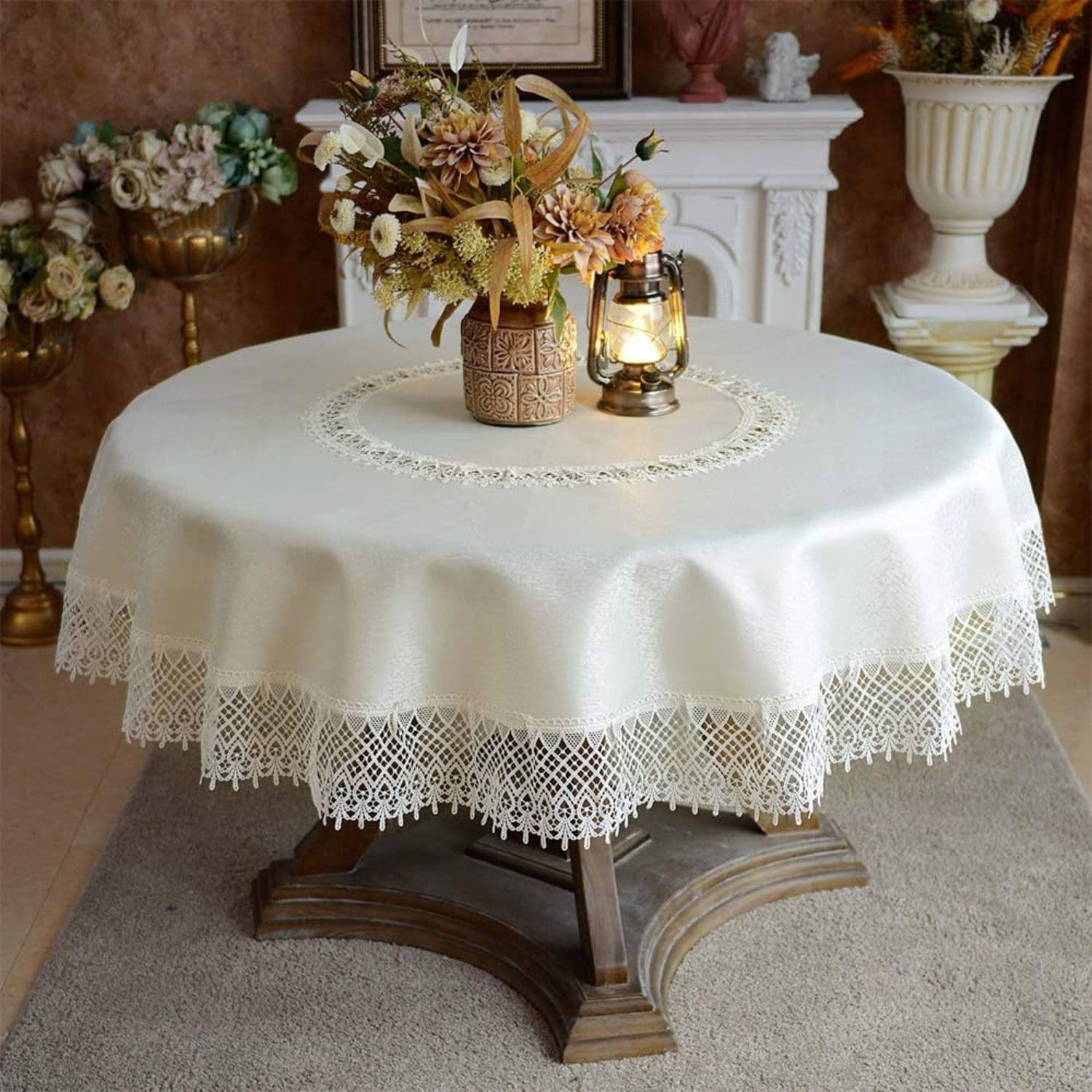 Red Barrel Studio® Round Tablecloth with Lace, Rustic Macrame ...