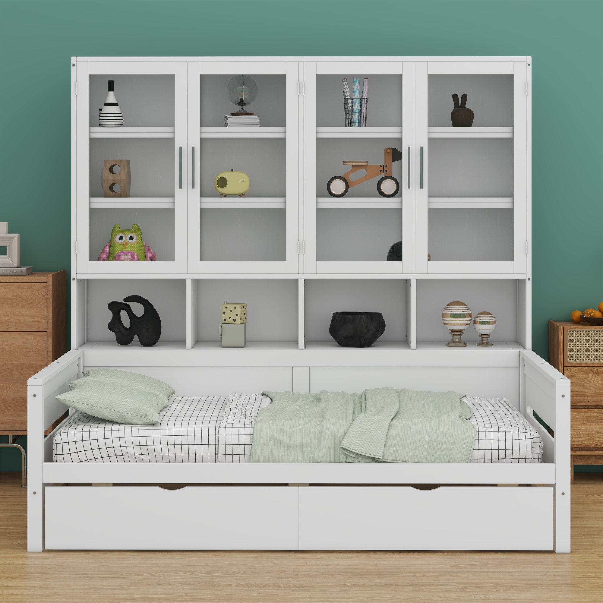 Latitude Run® Wooden Daybed With Glass-Door Storage Cabinets, Built-In ...