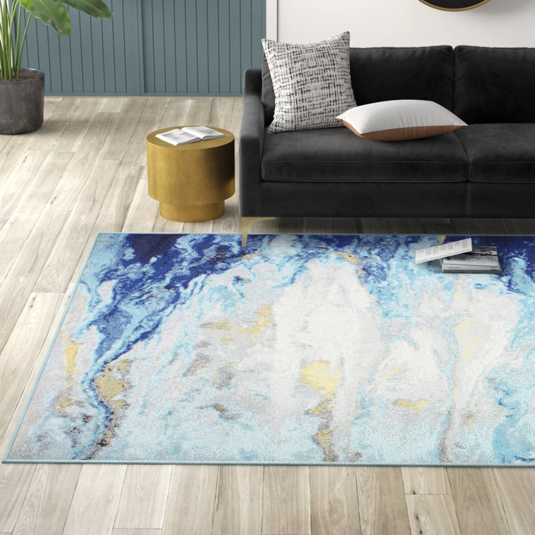 Mercury Row Hoedus Abstract Machine Woven Blue/Yellow/Grey Area Rug ...