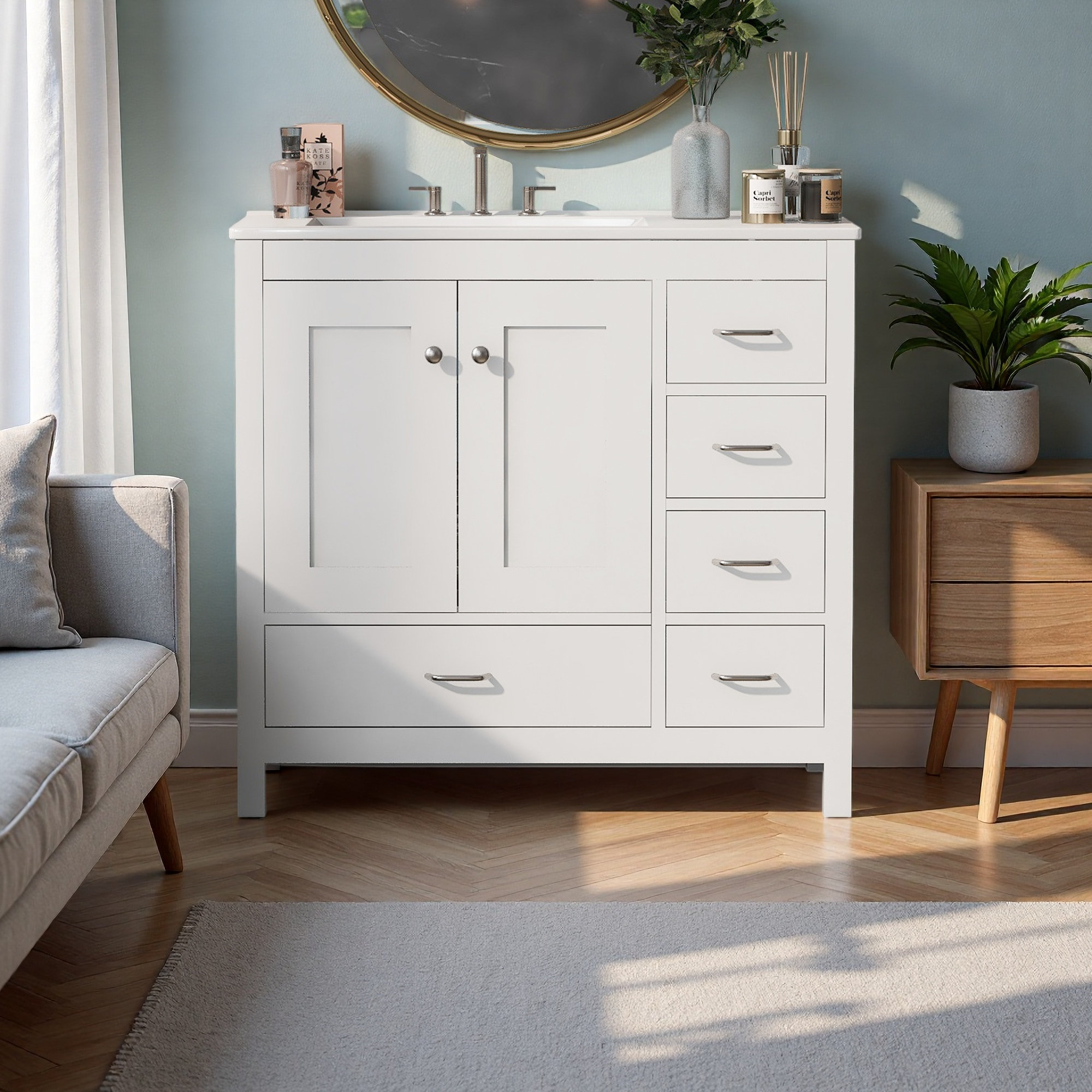 Ebern Designs 36" White Bathroom Vanity With Ceramic Sink Combo ...