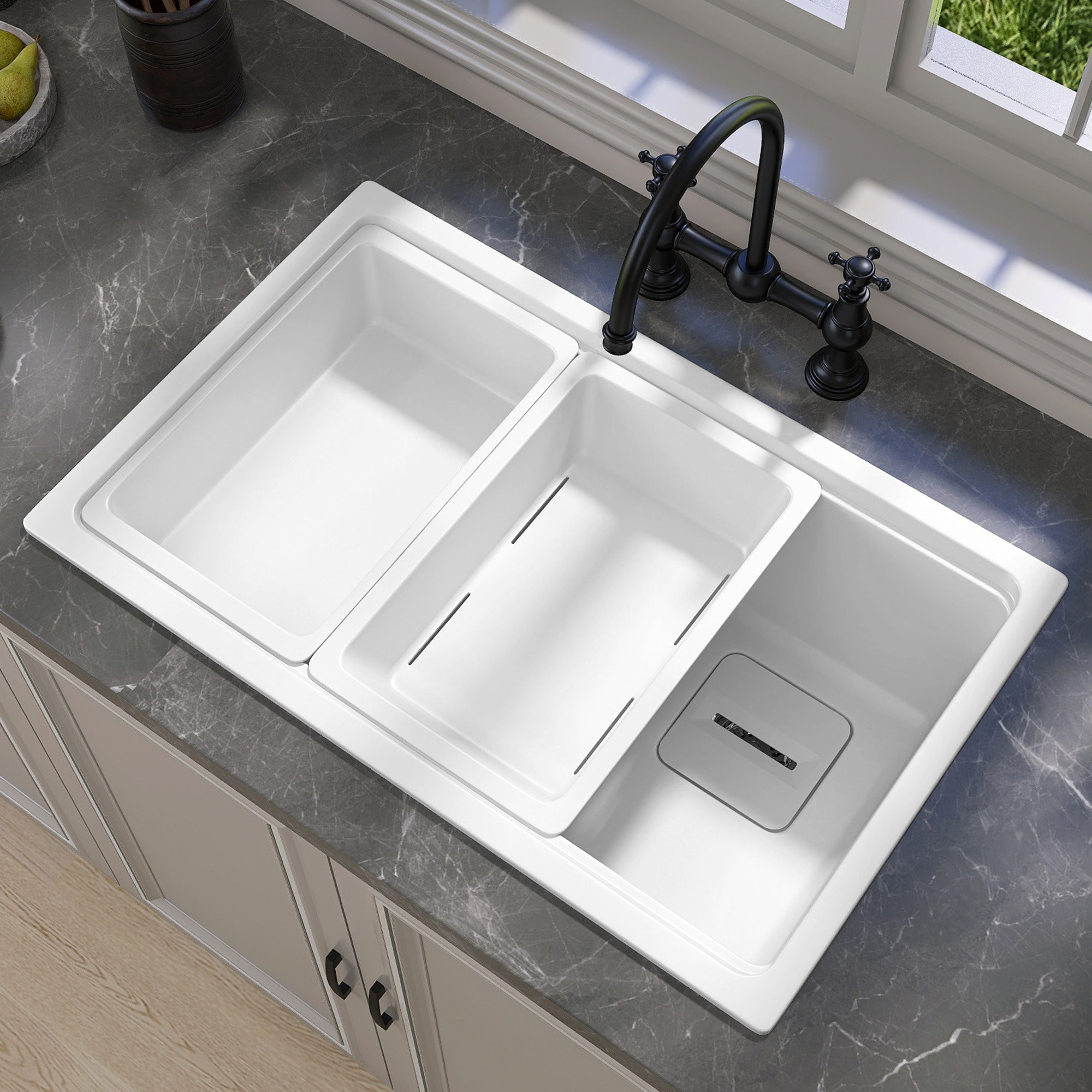 GETPRO 27" X 19" White Undermount Kitchen Sink Workstation Rectangular ...
