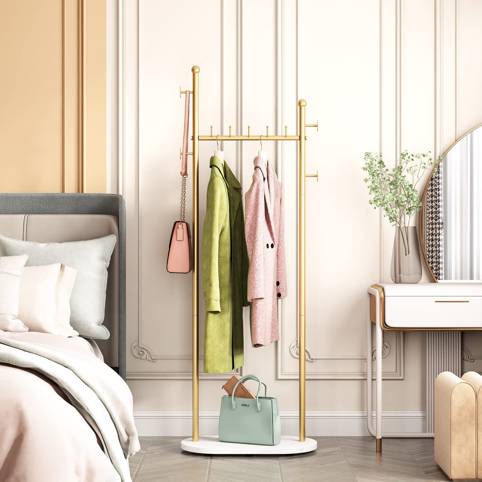 XMVJHOME Gold Freestanding Clothes Rack With Marble Base And Shelves ...