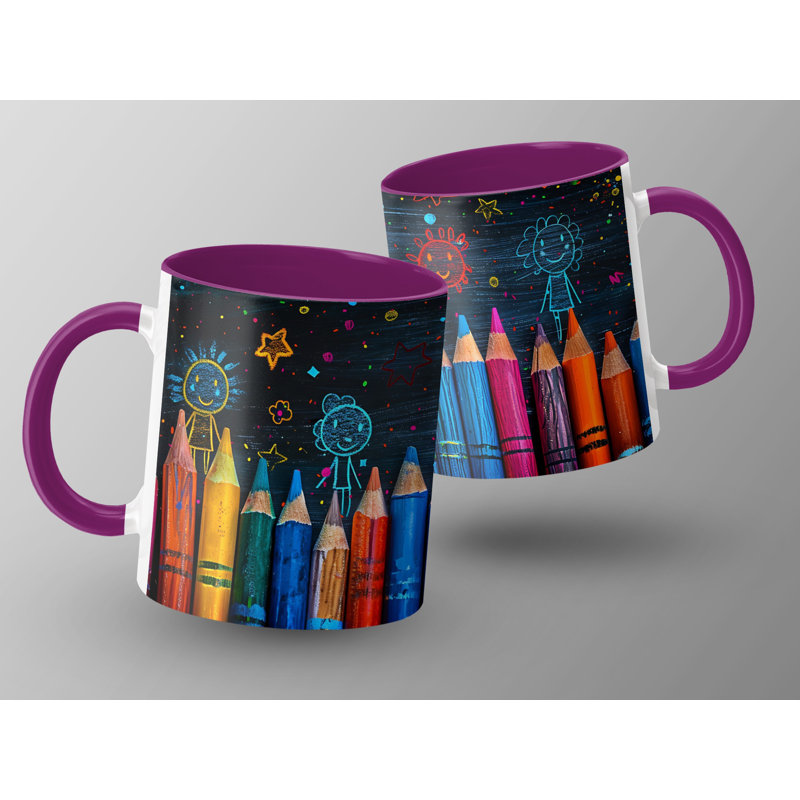 East Urban Home Set of 4 Kids Drawing Style 11oz Accent Mugs – White ...