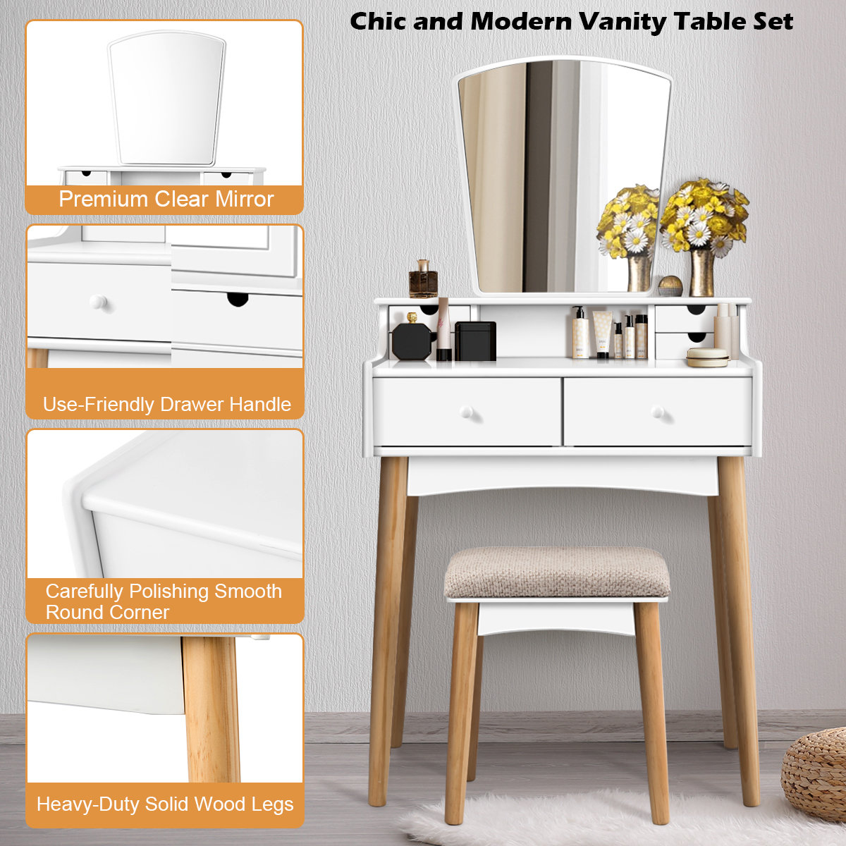 George Oliver Vercher Dressing Vanity Set with Stool and Mirror ...