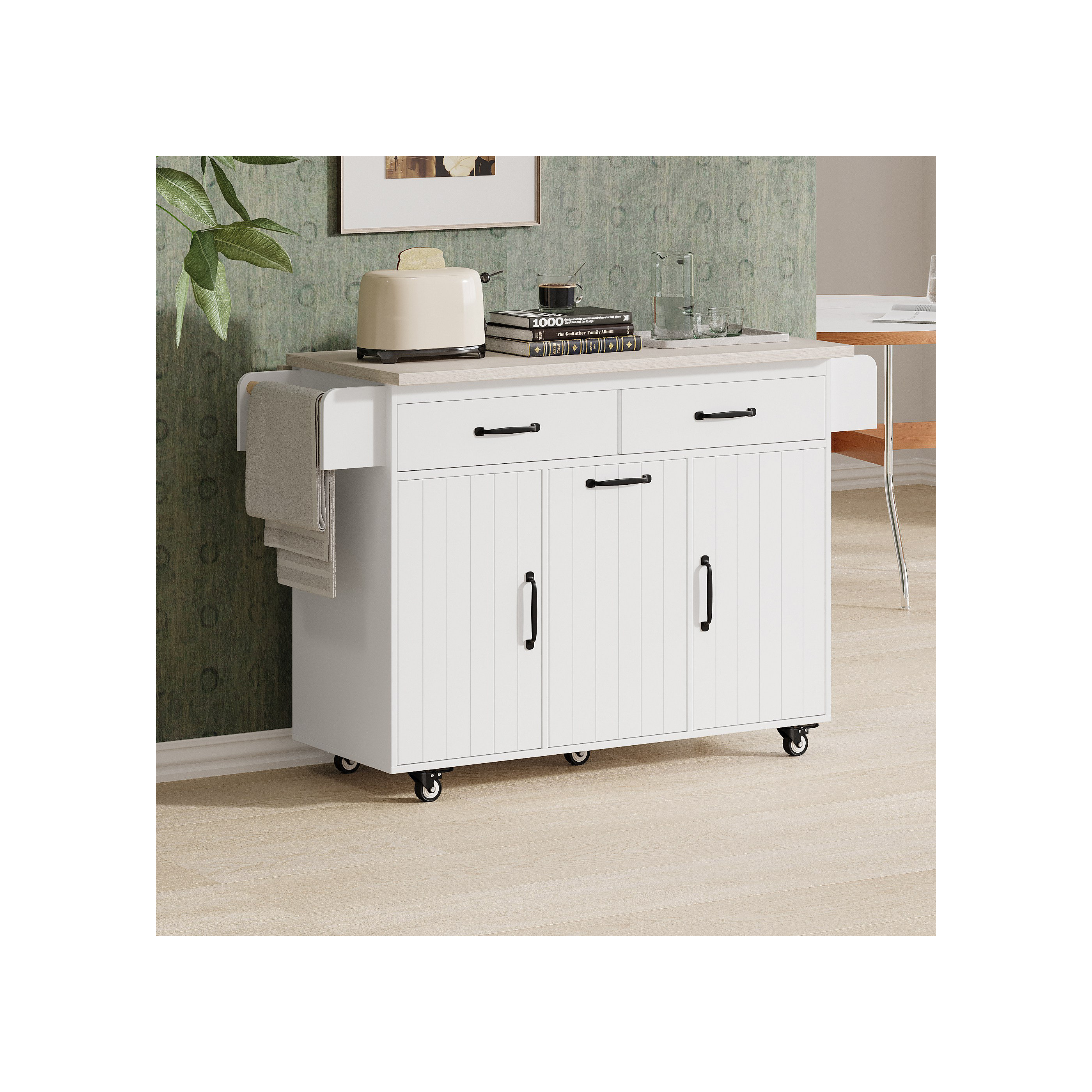 RKZX K&K Kitchen Island With Till Out Trash Cabinet, Rolling Kitchen ...