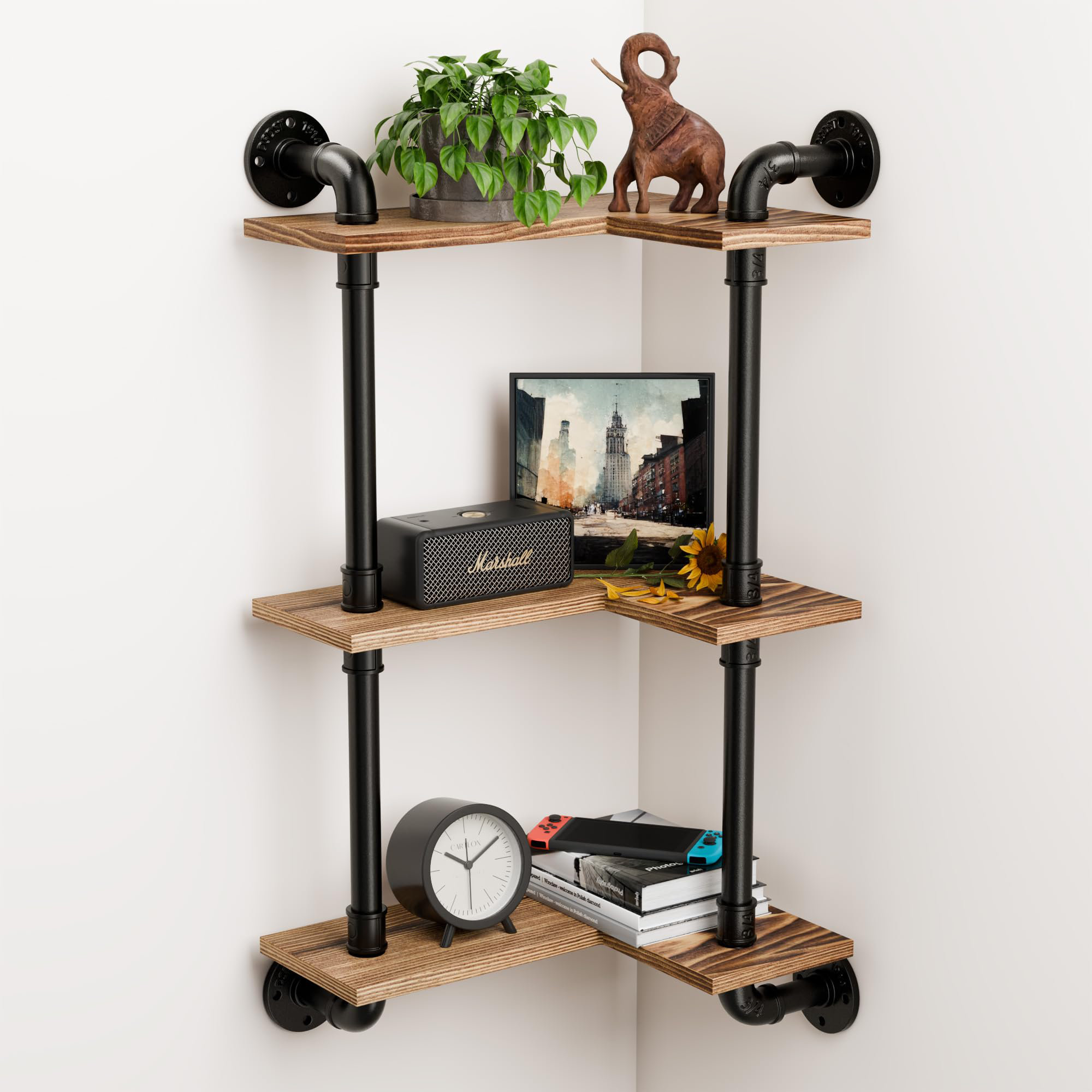 Williston Forge 3-Tier Industrial Corner Pipe Shelf, Rustic L-Shaped ...