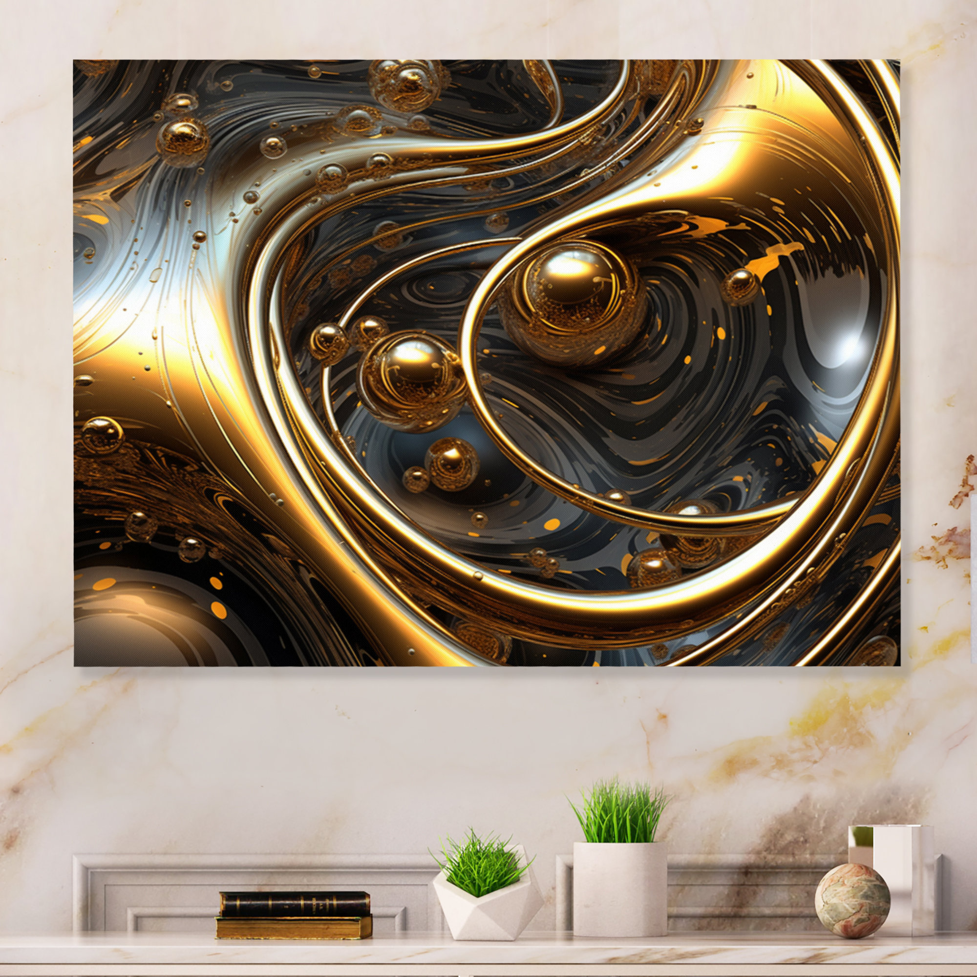 Mercer41 Gold Black Fractal Tide II - Fractals Metal Art Print | Wayfair