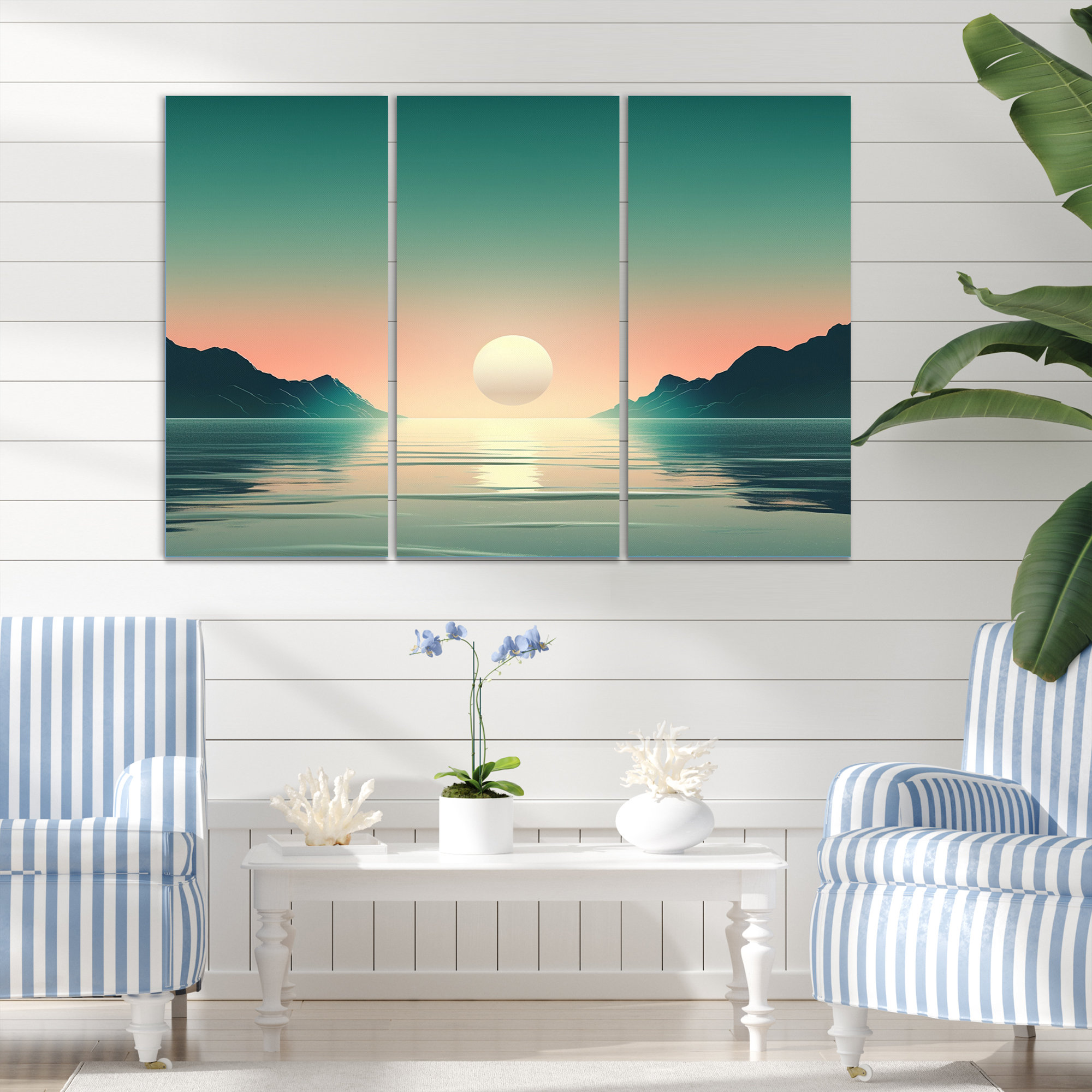 Design Art Full Moon Rising Ocean Minimalism In Retro Blue I - Beach ...