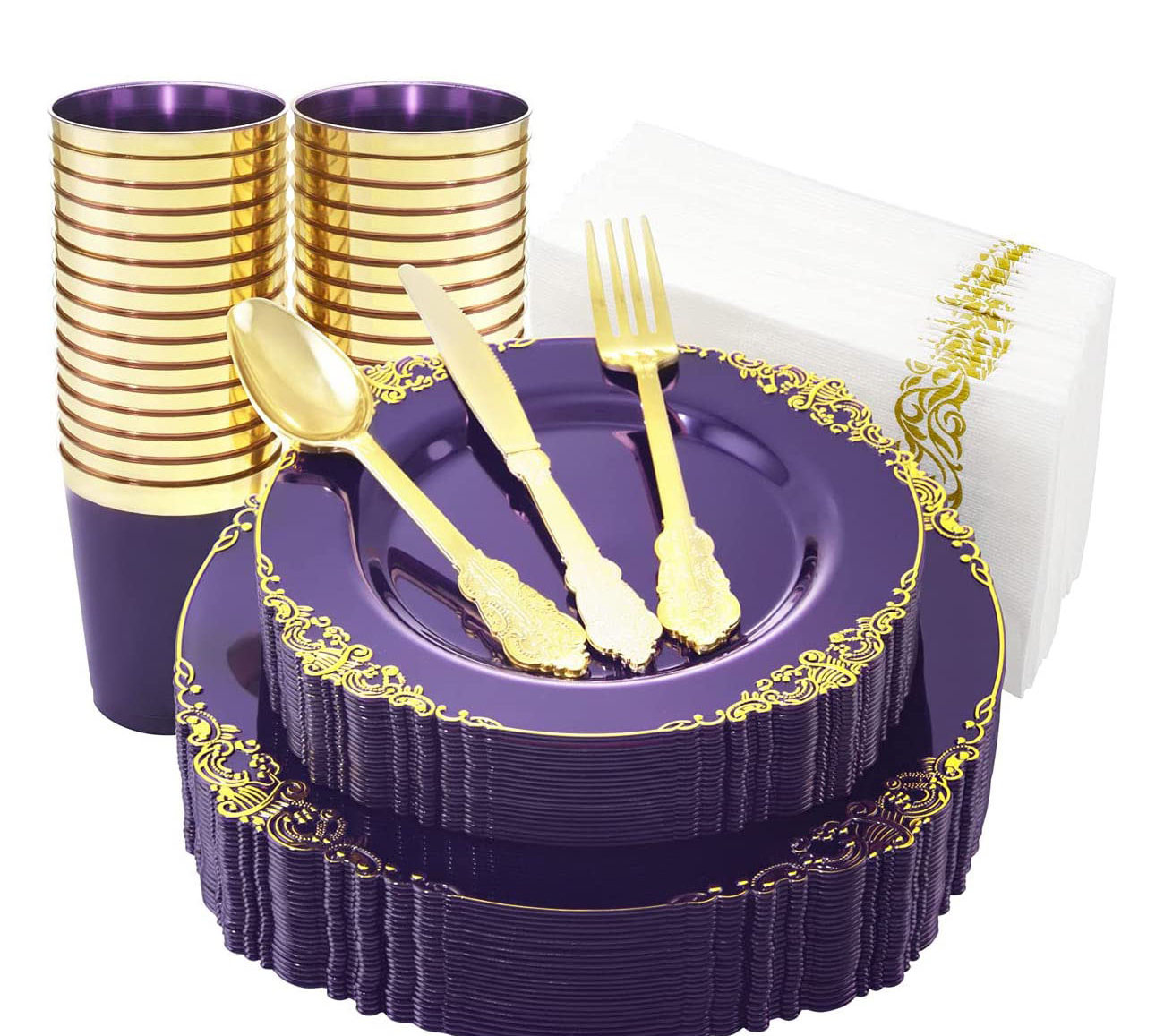 OPTERWQ 175-Piece Disposable Plastic Plate Set & Disposable Silverware ...